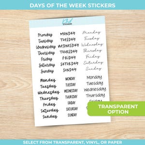 Days of the Week Stickers, Planner Stickers, Transparent or White ...