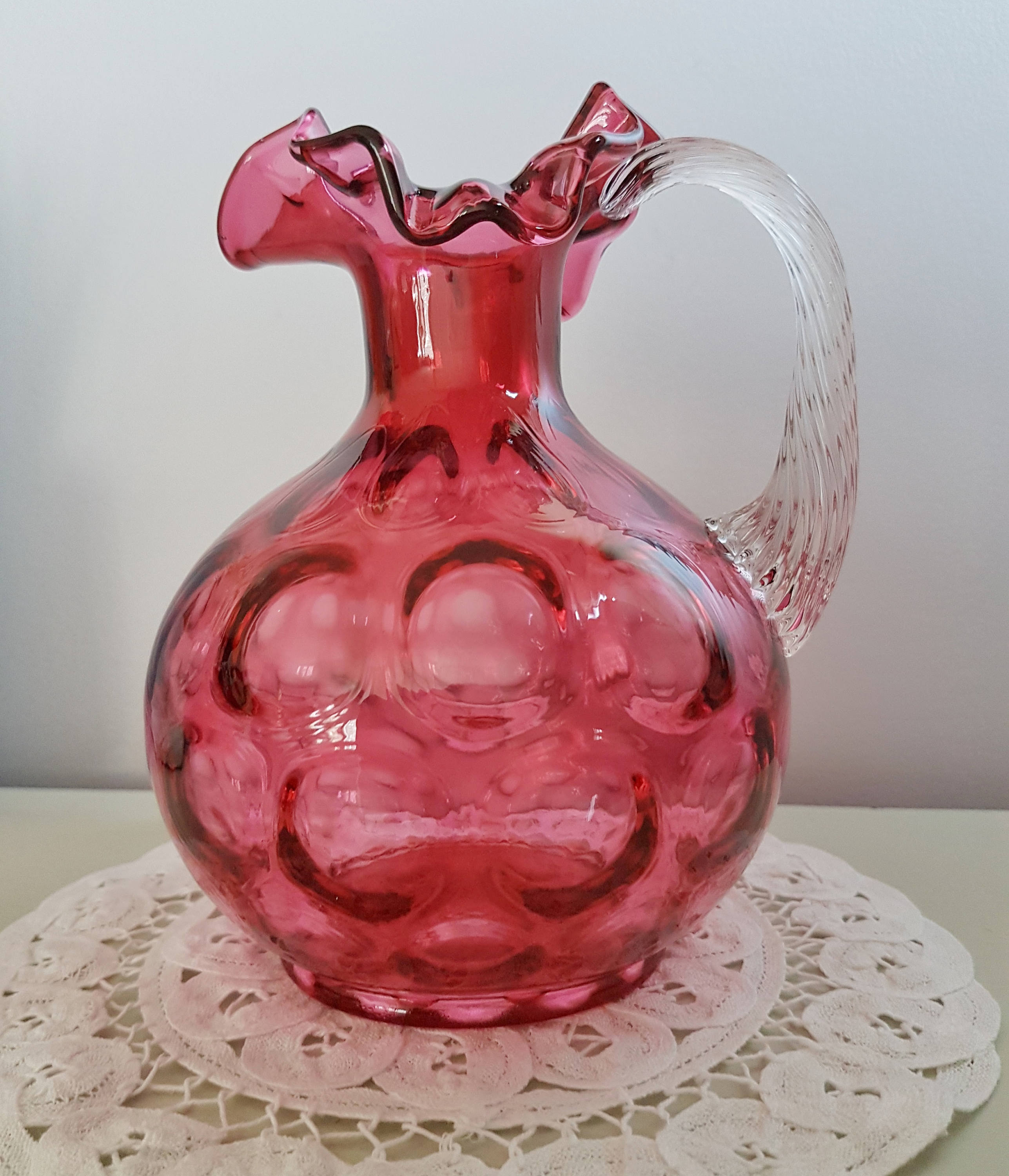 Fenton Country Cranberry Pitcher Flare Ruffle Mouth Coin Dot Crystal Glass Ruby Pink Clear