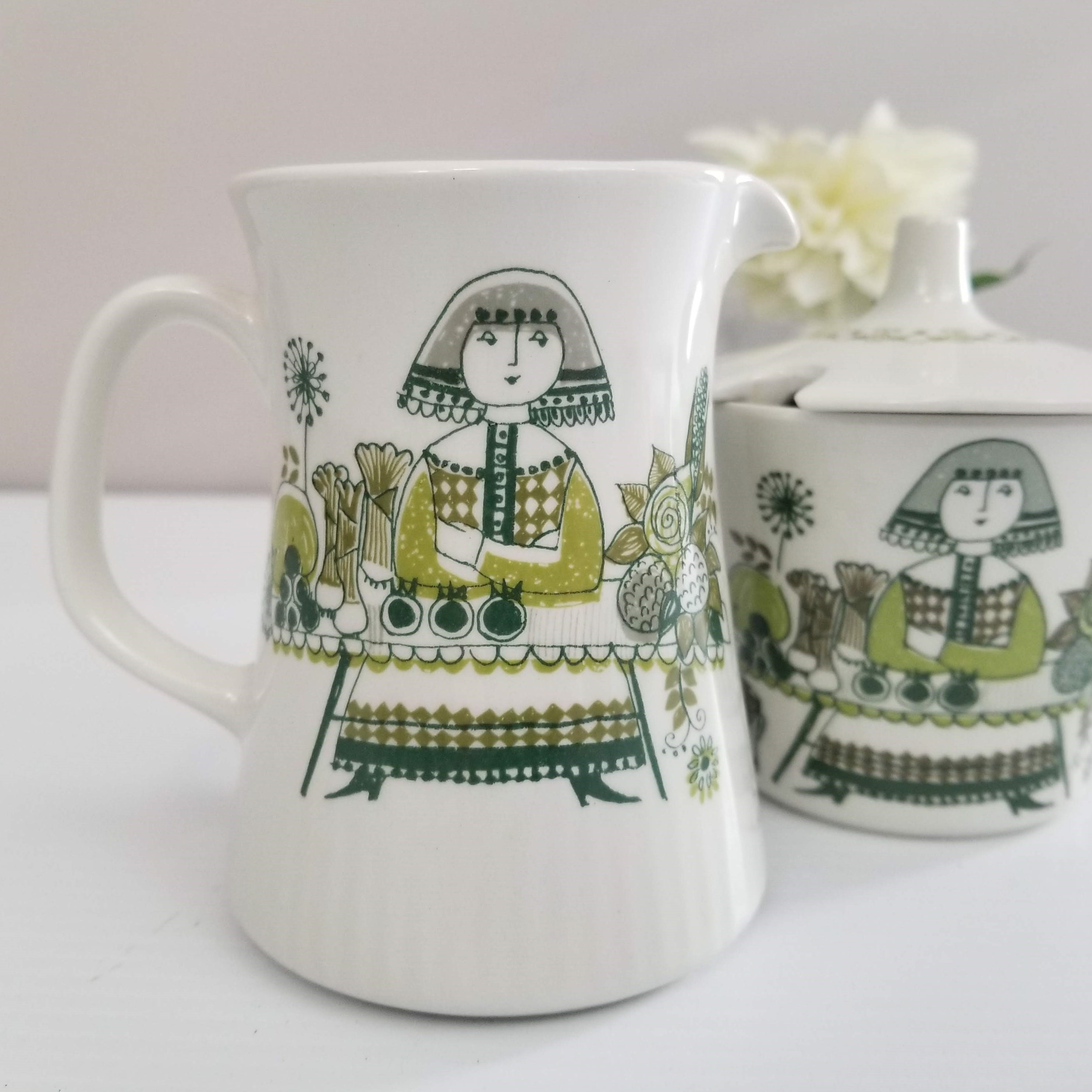 Figgjo Norway “Market” Design, Cream and Lidded Sugar, Green Market ...