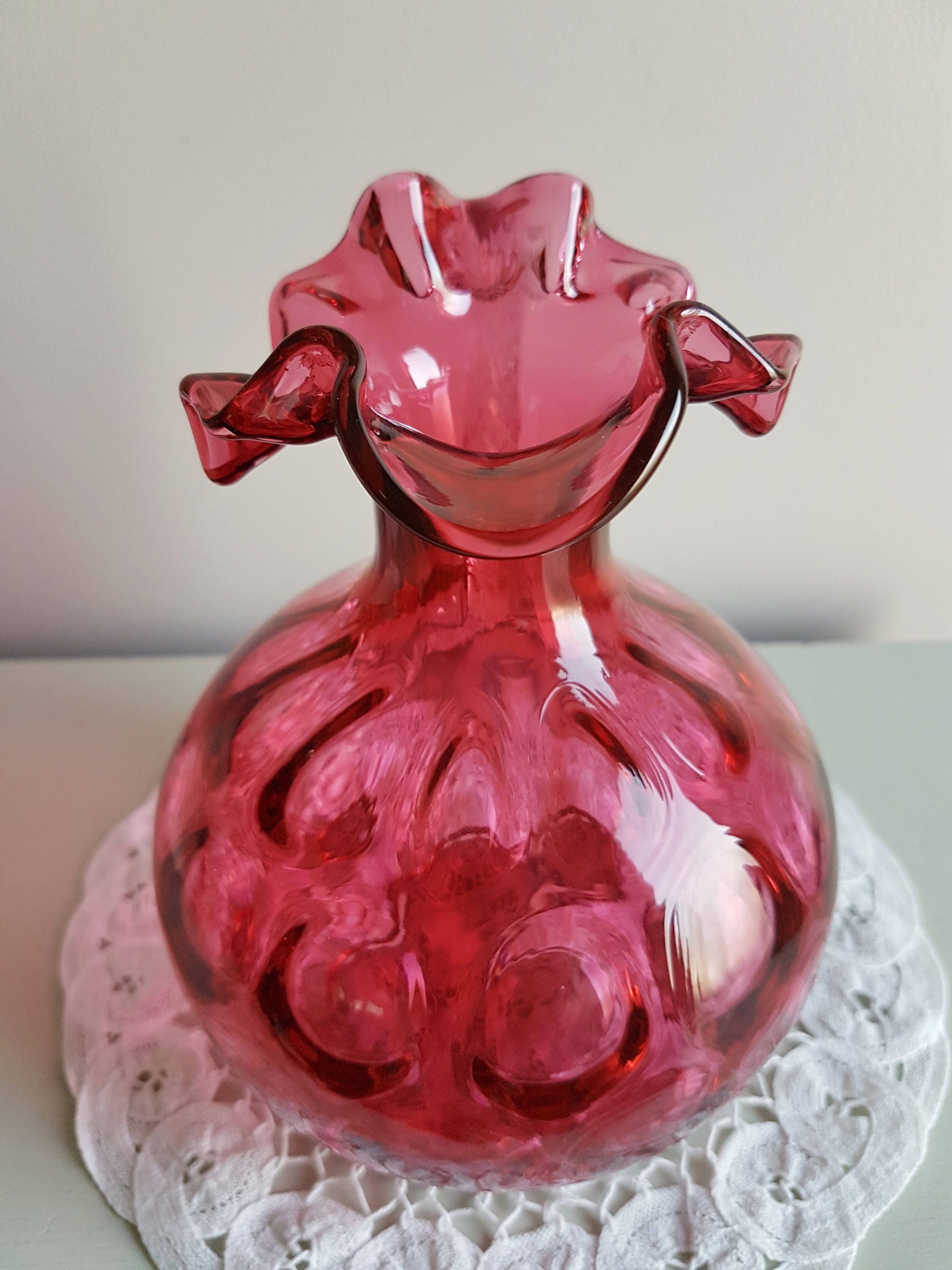 Fenton Country Cranberry Pitcher, Flare Ruffle Mouth, Coin Dot, Crystal ...
