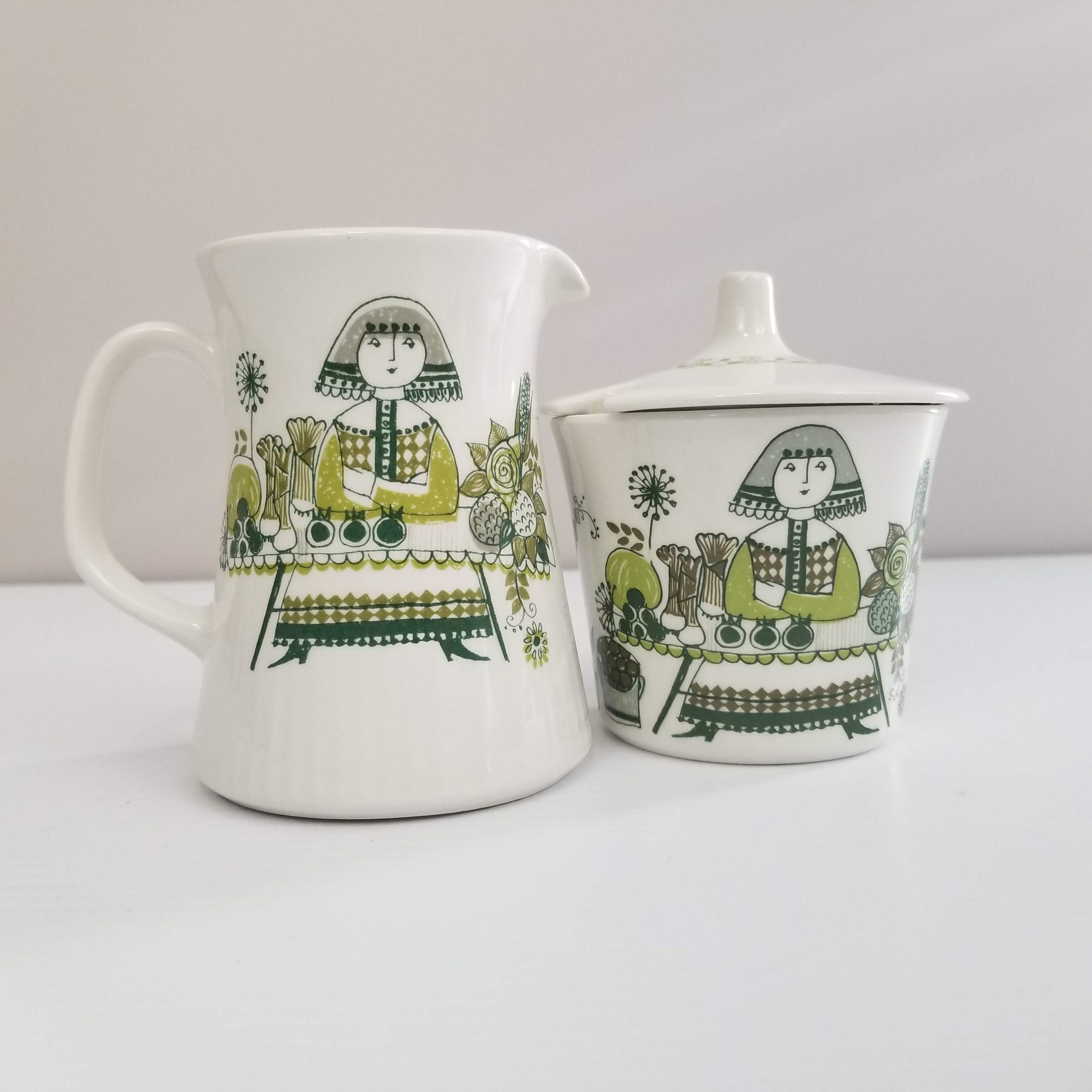 Figgjo Norway “Market” Design, Cream and Lidded Sugar, Green Market ...