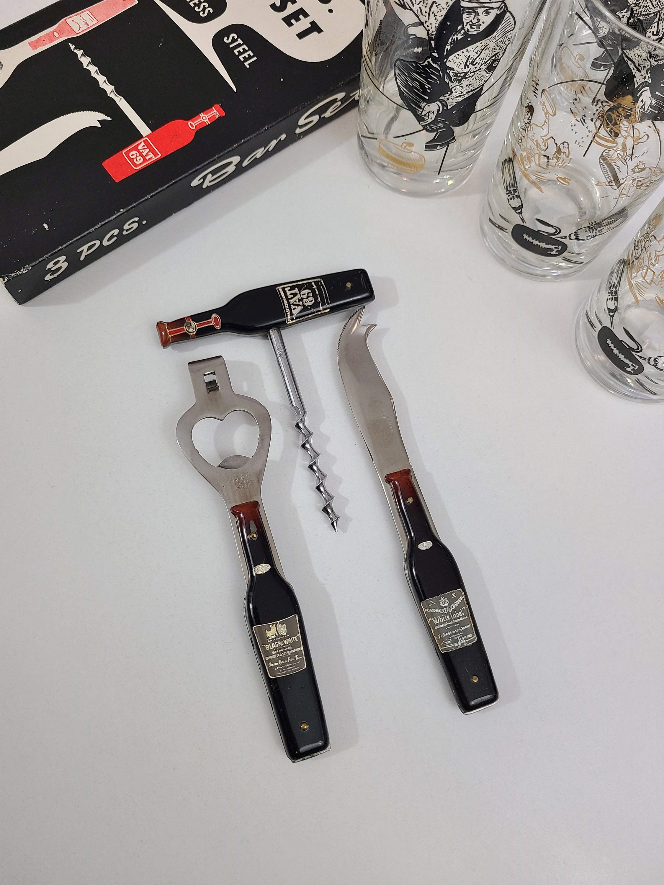 Vintage Scotch Whiskey 3-Piece Bar Tool Set, Vat 69, Dewar's White ...