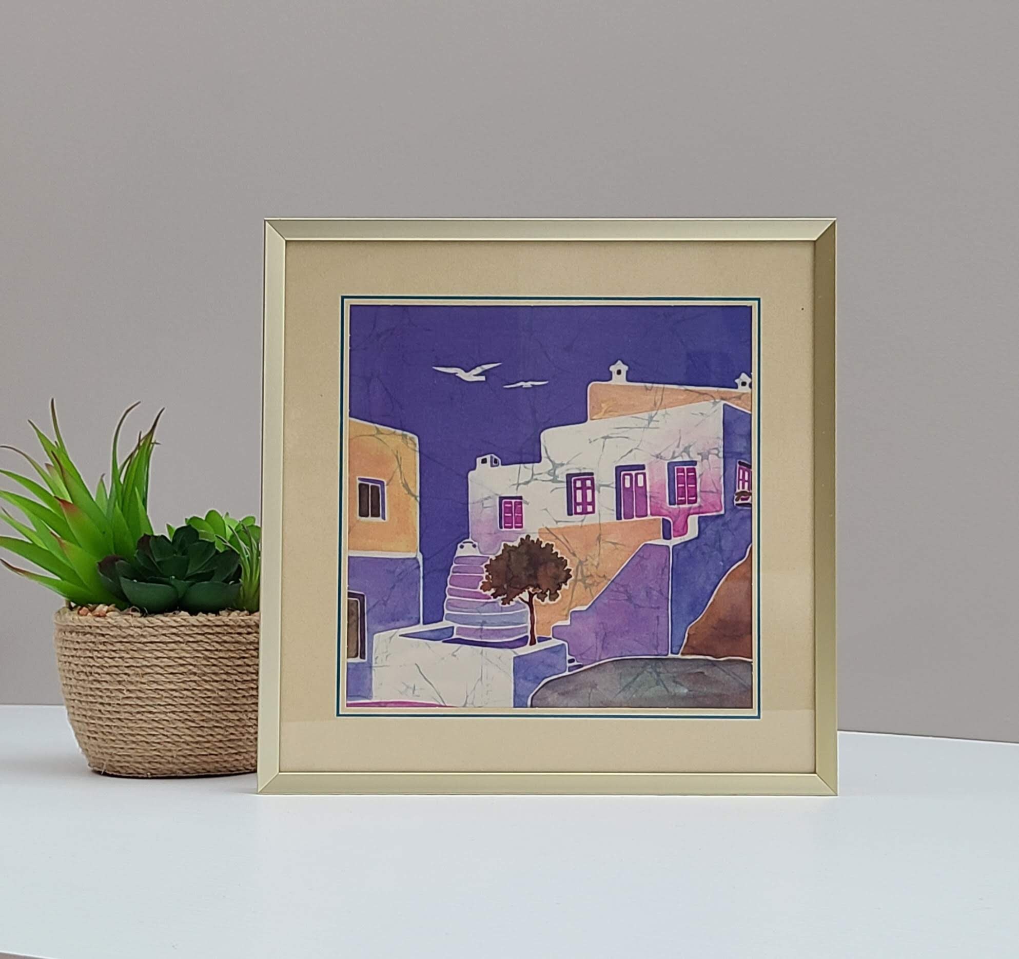 Greek Island Batik Silk Painting Art in Brushed Gold Frame, Beach ...