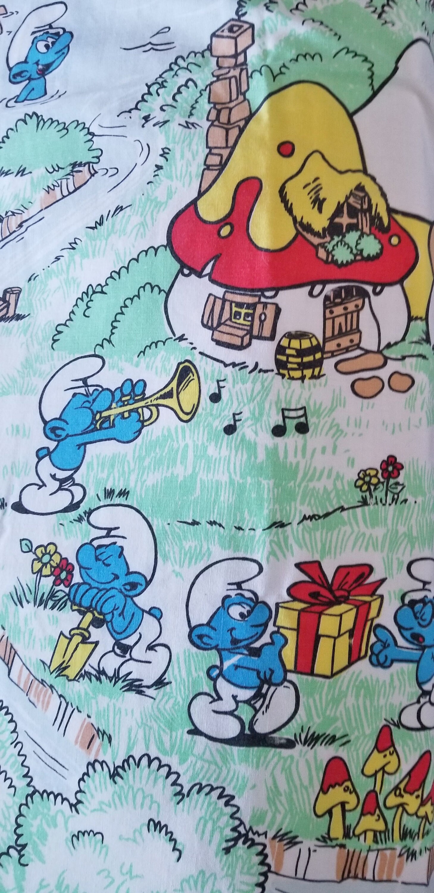 Vintage 1980's Smurf Village Twin Flat Sheet, Bedding, Collectible ...