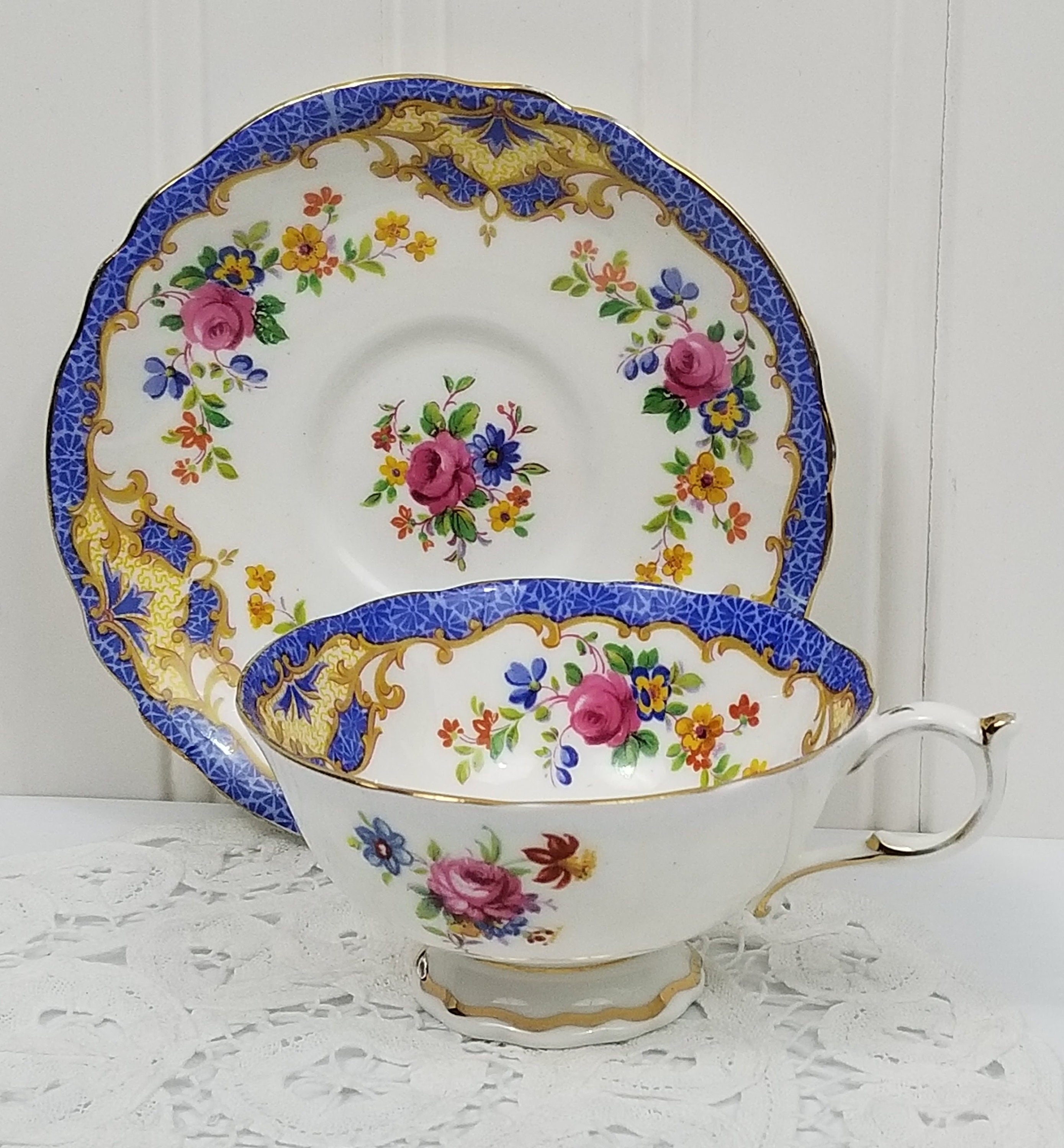 Paragon Teacup & Saucer Reproduction of Period Plymouth 3957 in Blue ...