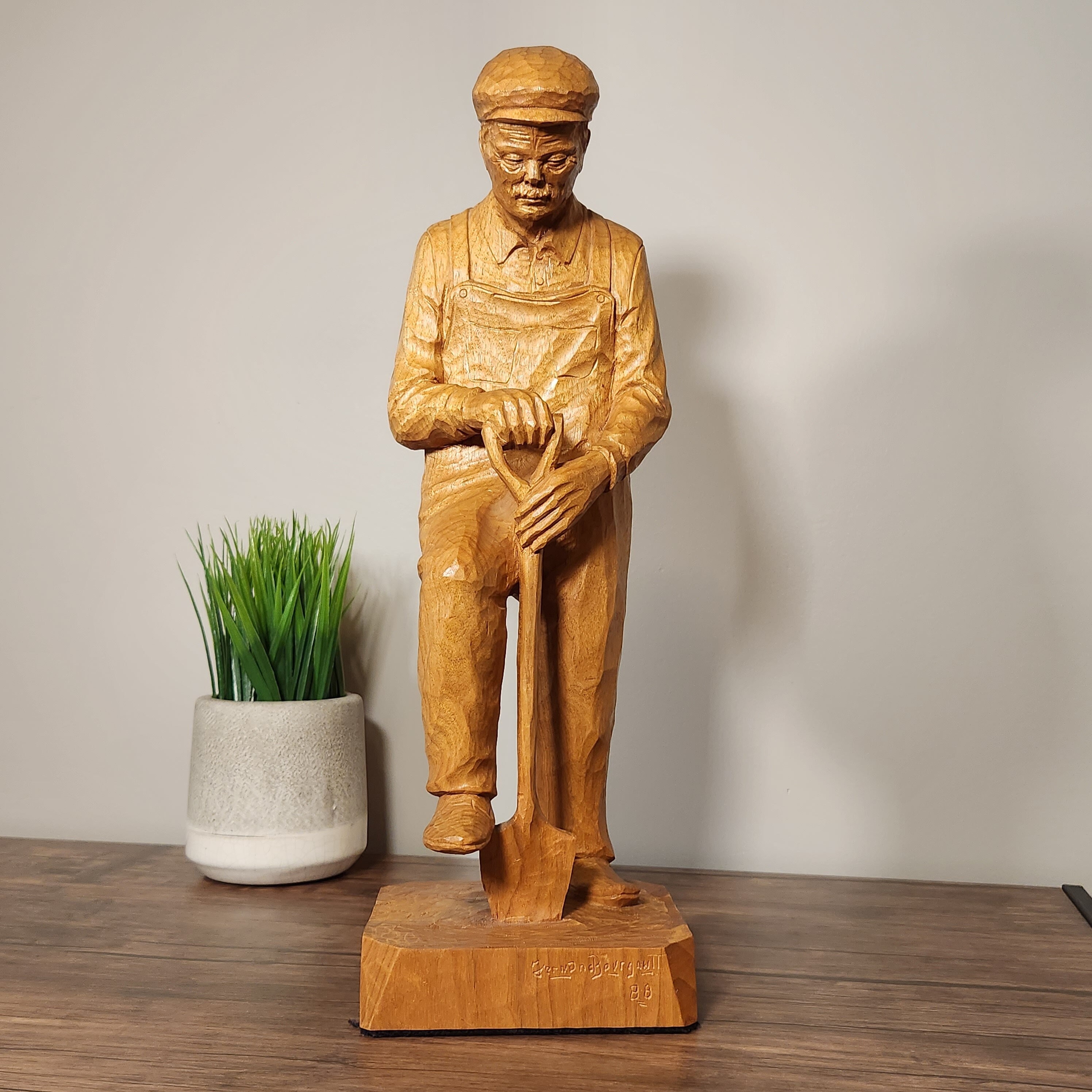 1988 Fernard Bourgault Signed Wood Carving, Man Gardener, Canadian Folk ...