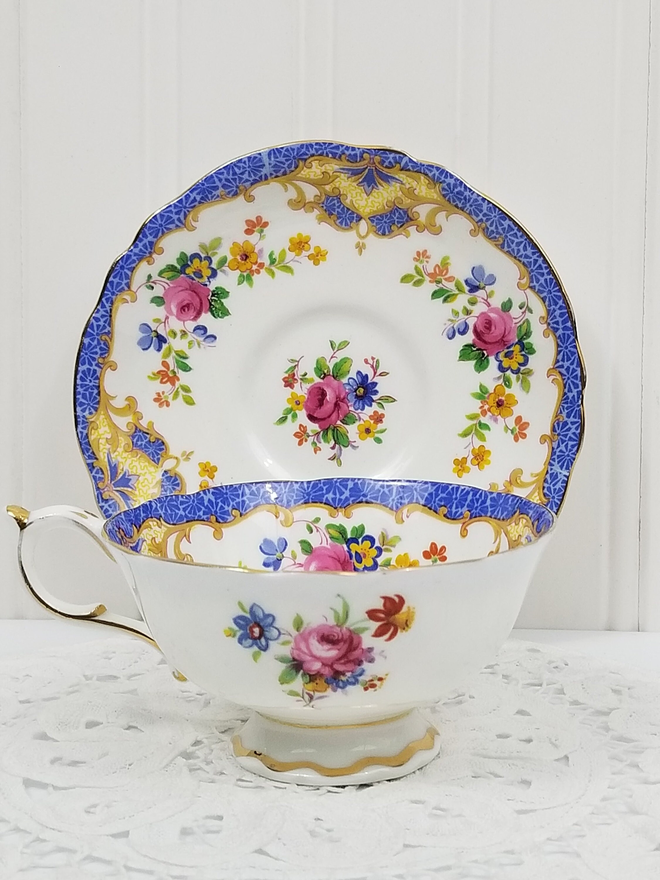 Paragon Teacup & Saucer Reproduction of Period Plymouth 3957 in Blue ...