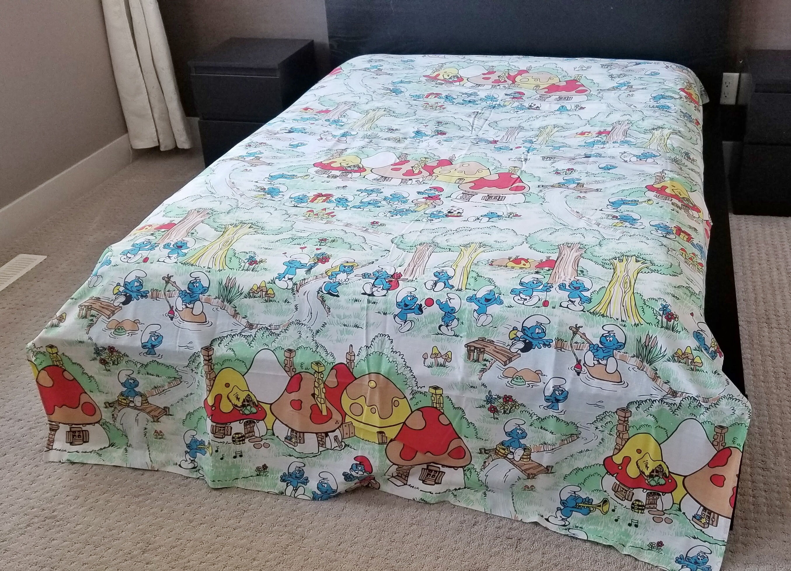Vintage 1980's Smurf Village Twin Flat Sheet, Bedding, Collectible ...