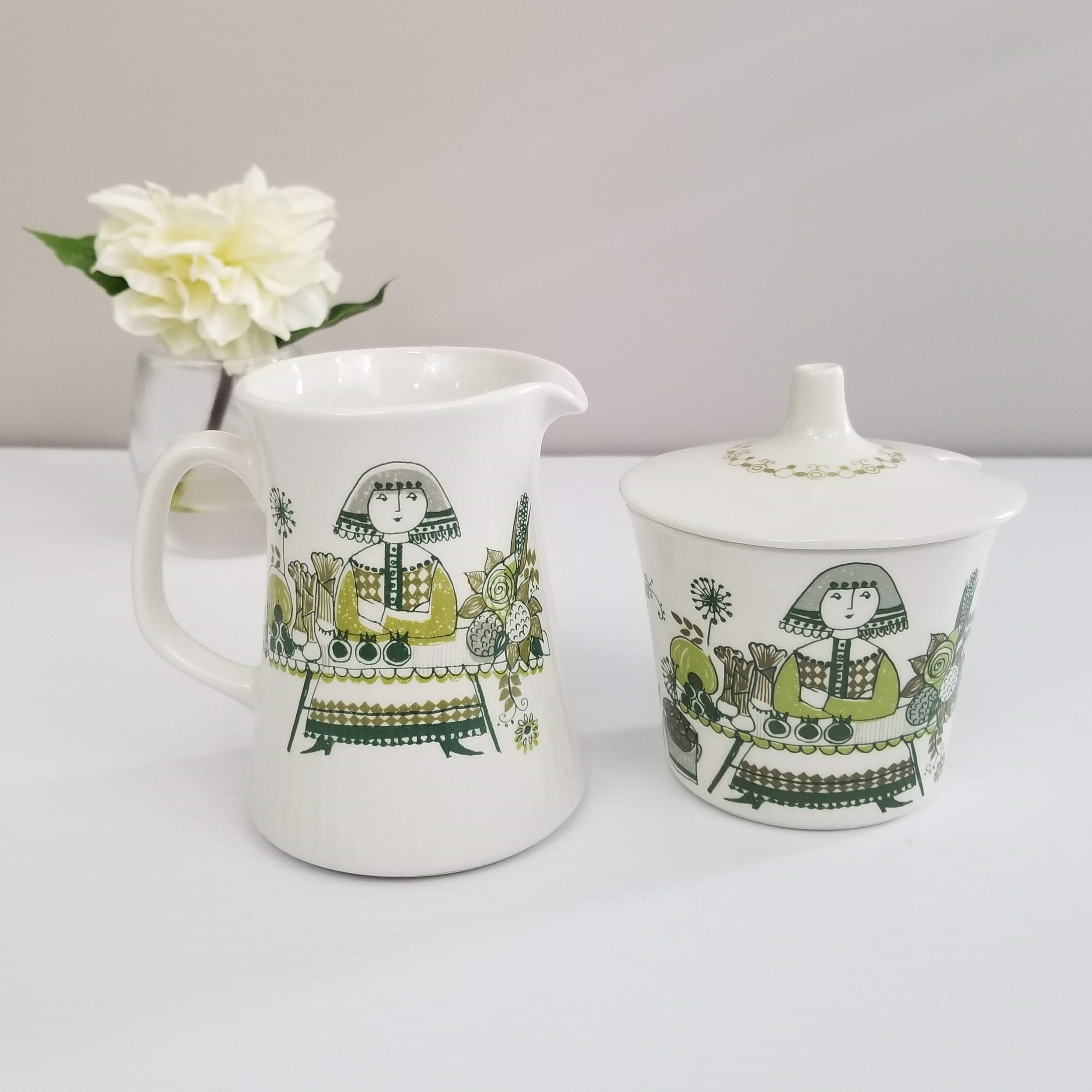 Figgjo Norway “Market” Design, Cream and Lidded Sugar, Green Market ...