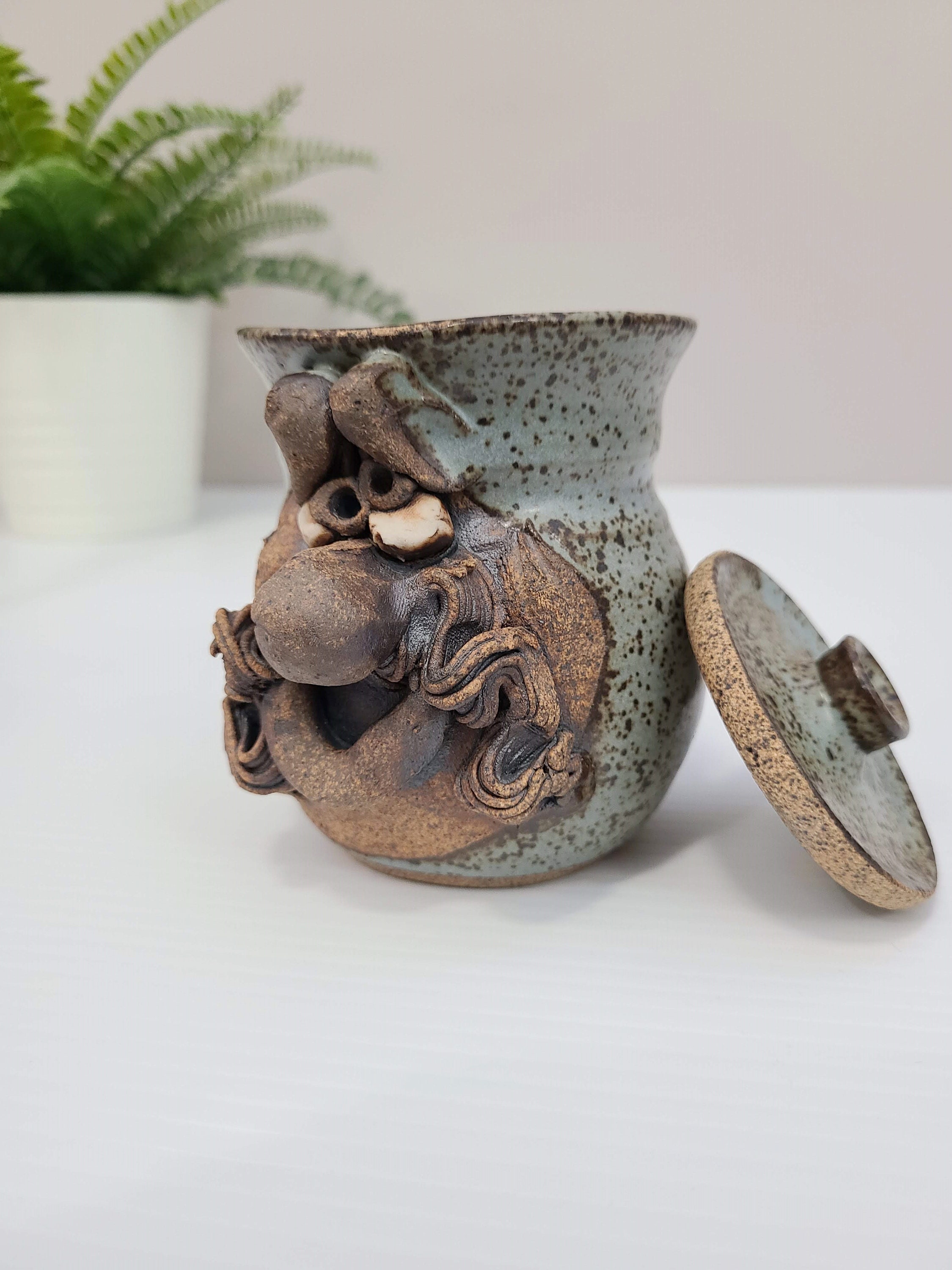 Ugly Face Pottery Creamer and Lidded Sugar, Grey, Blue with Brown ...