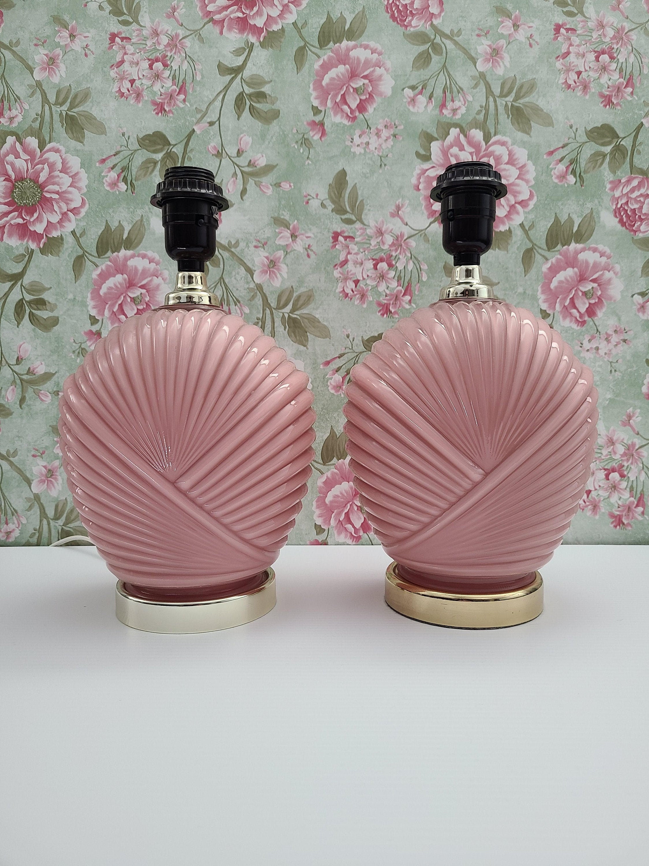 1980's Dusty Rose/Pink Glass Table Lamps, Ribbed, Art Deco, Shell or ...