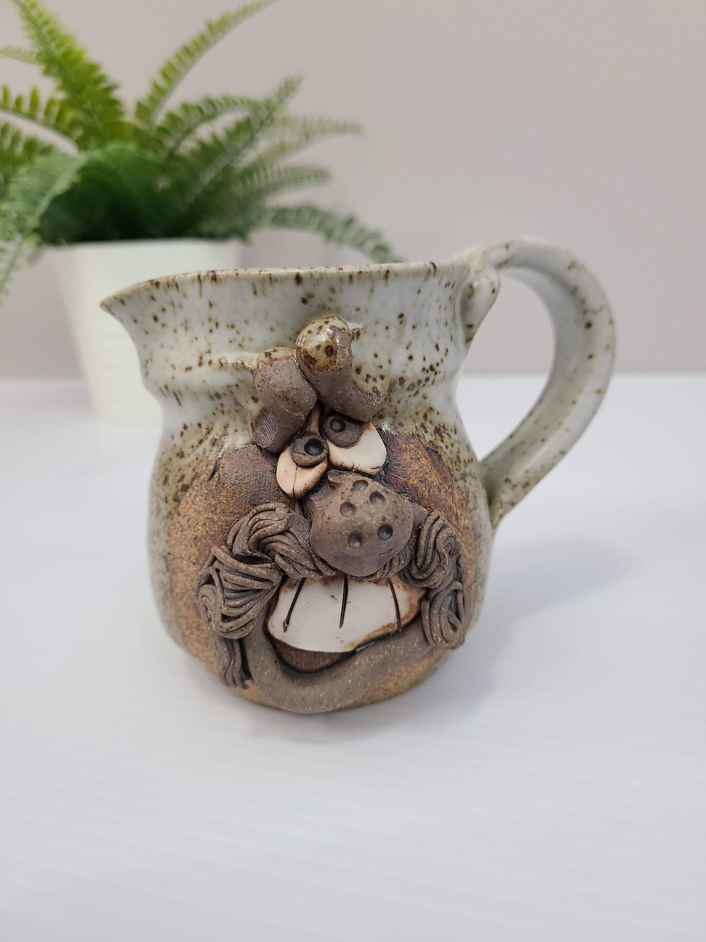 Ugly Face Pottery Creamer and Lidded Sugar, Grey, Blue with Brown ...