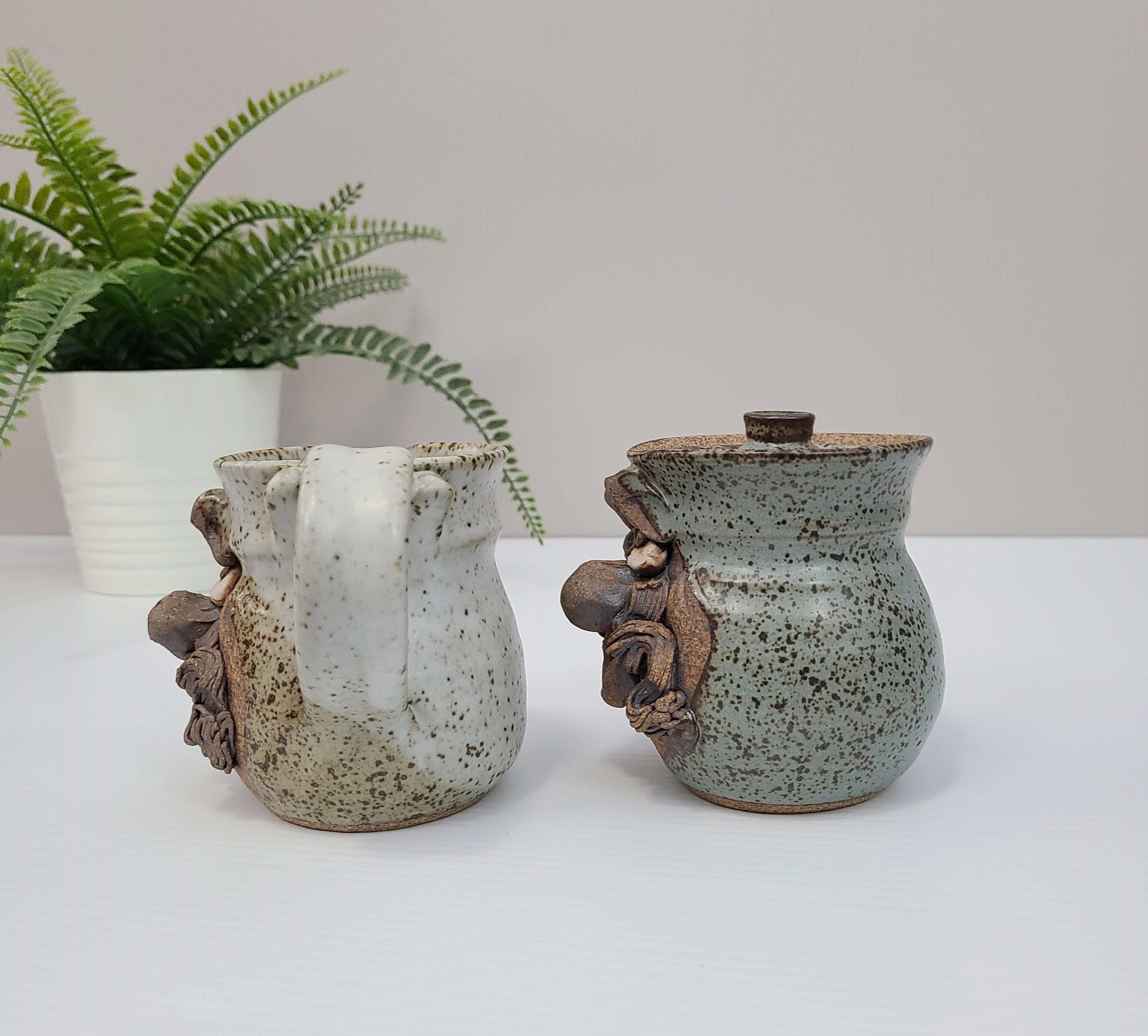 Ugly Face Pottery Creamer and Lidded Sugar, Grey, Blue with Brown ...