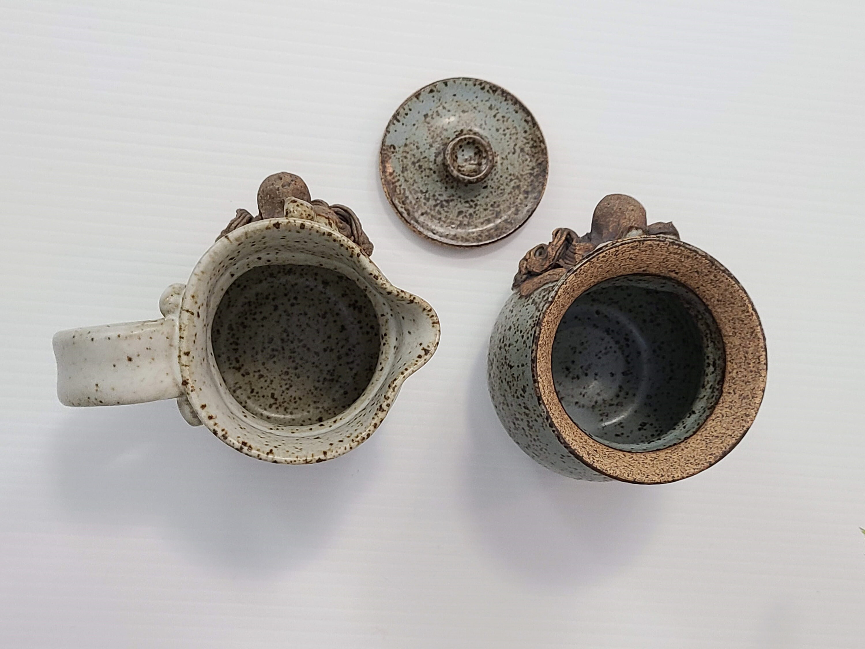 Ugly Face Pottery Creamer and Lidded Sugar, Grey, Blue with Brown ...