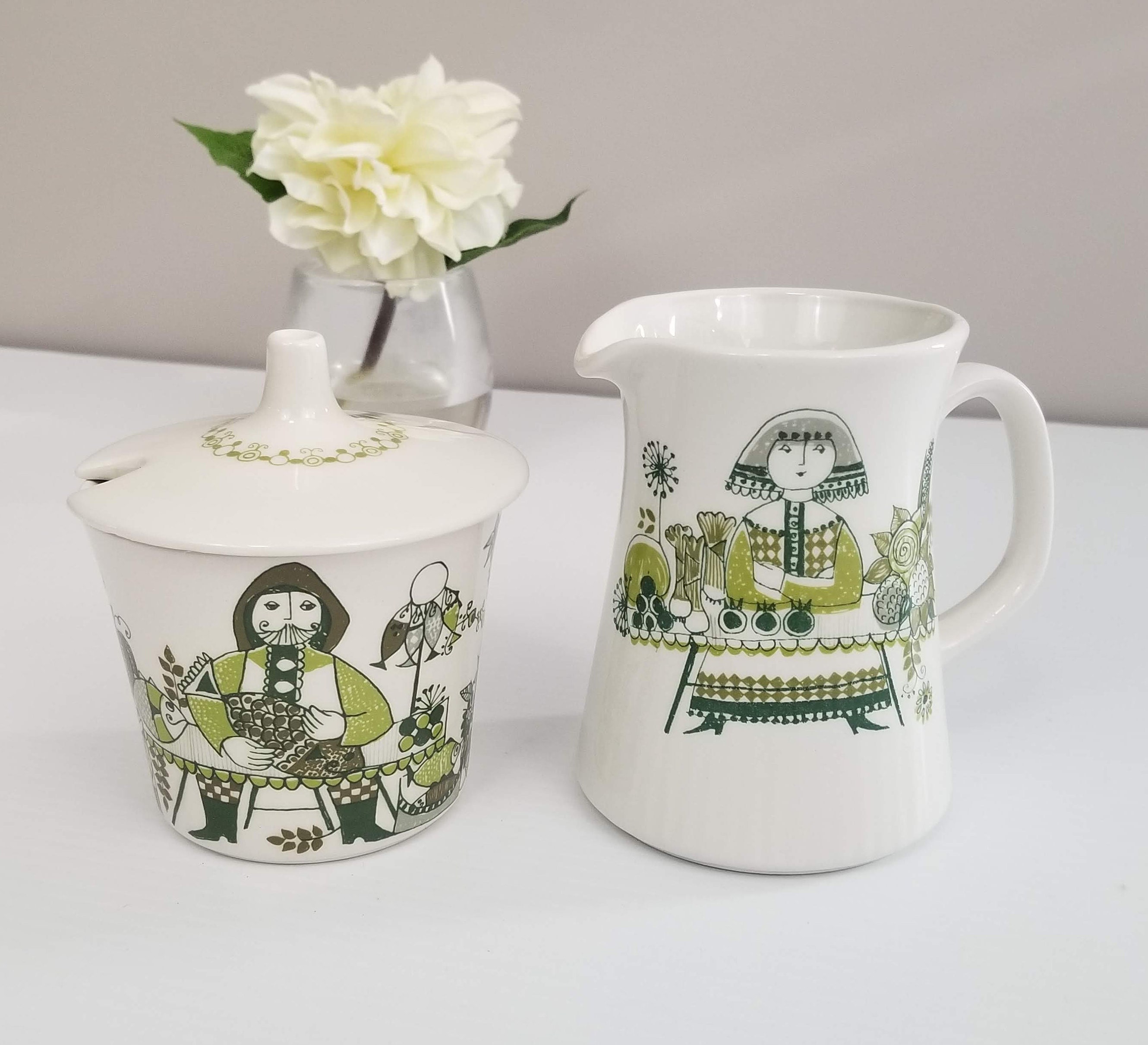 Figgjo Norway “Market” Design, Cream and Lidded Sugar, Green Market ...