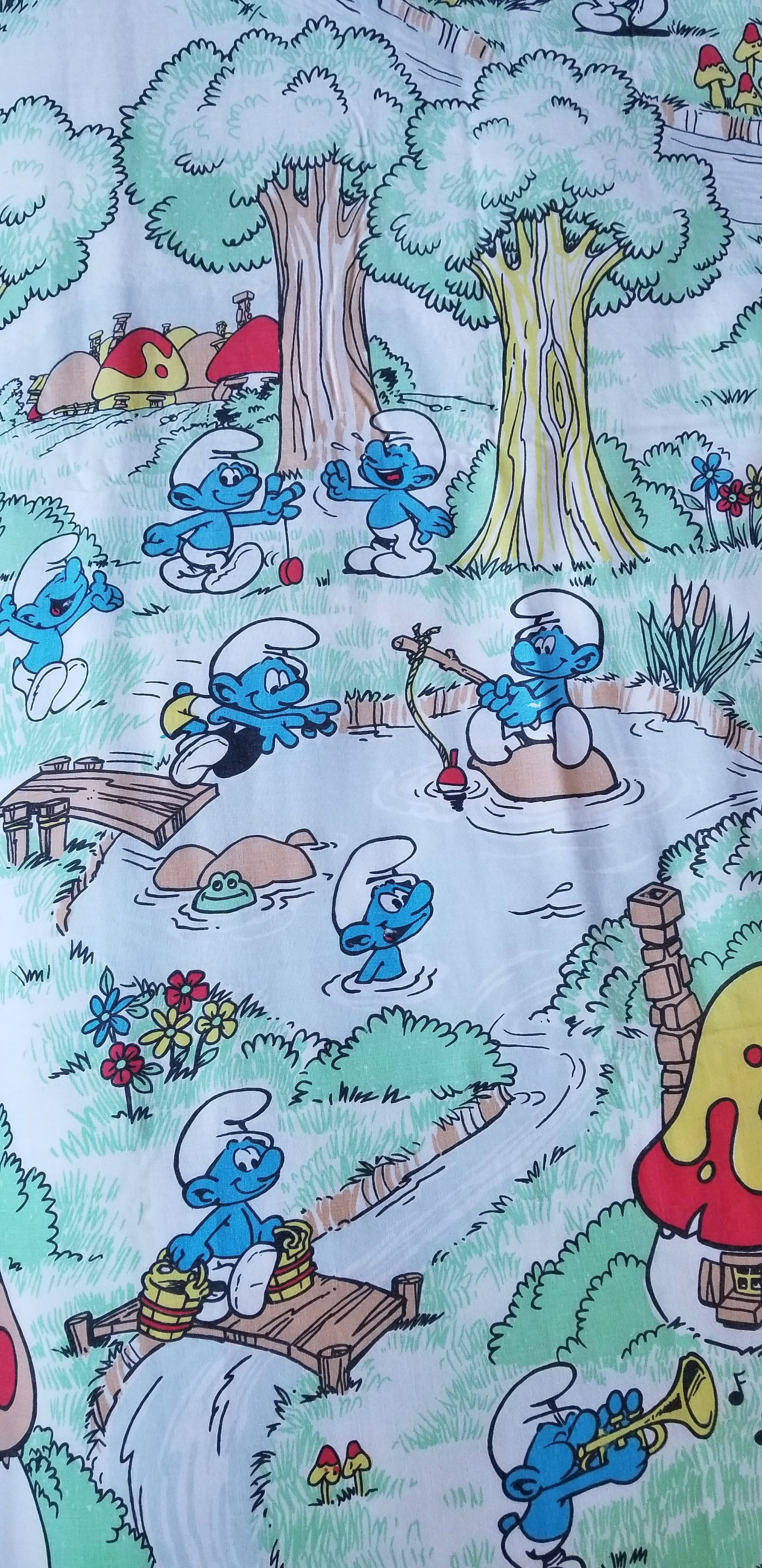 Vintage 1980's Smurf Village Twin Flat Sheet, Bedding, Collectible ...