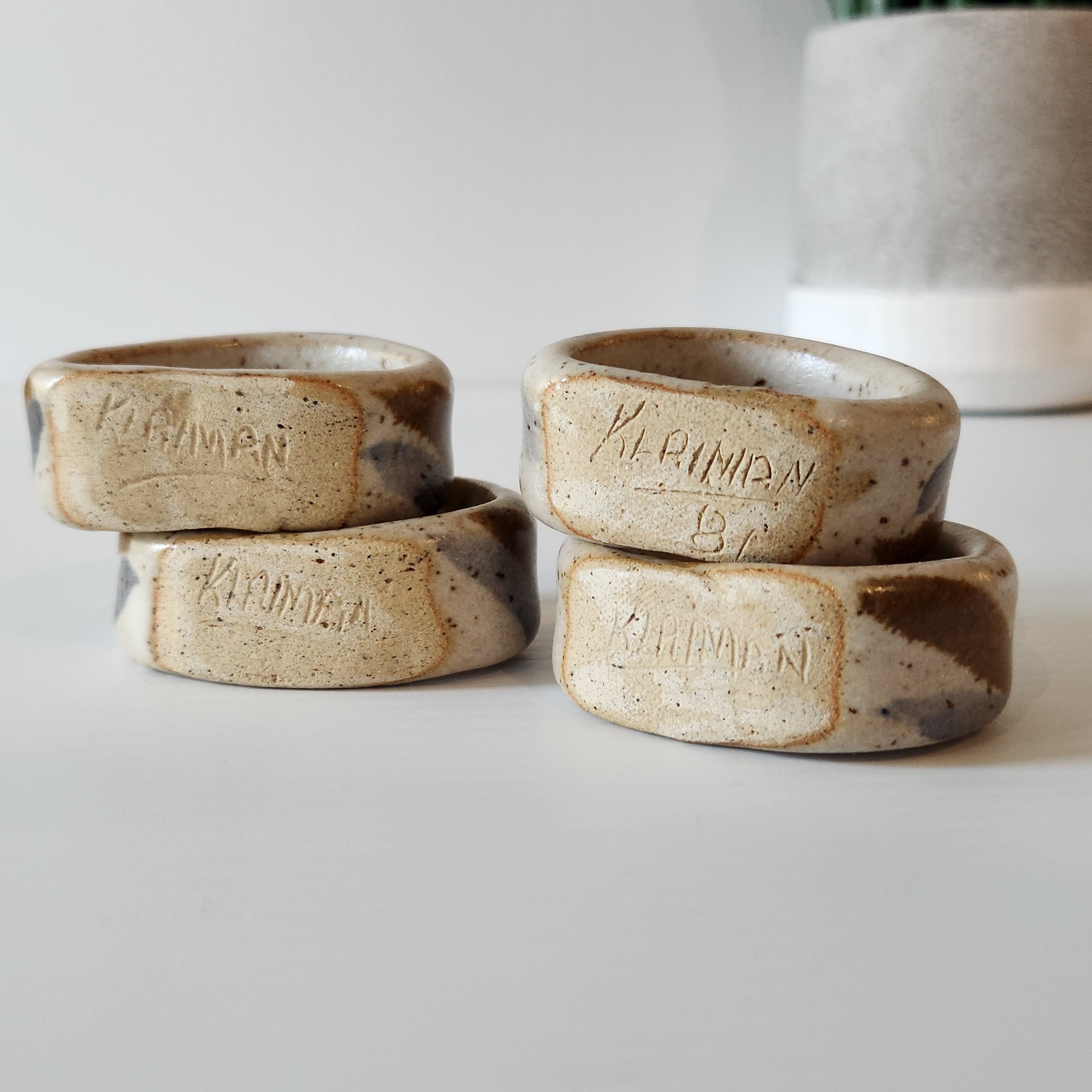 1981 Studio Pottery Napkin Rings/Holders, Set of 4, Signed, Speckled ...