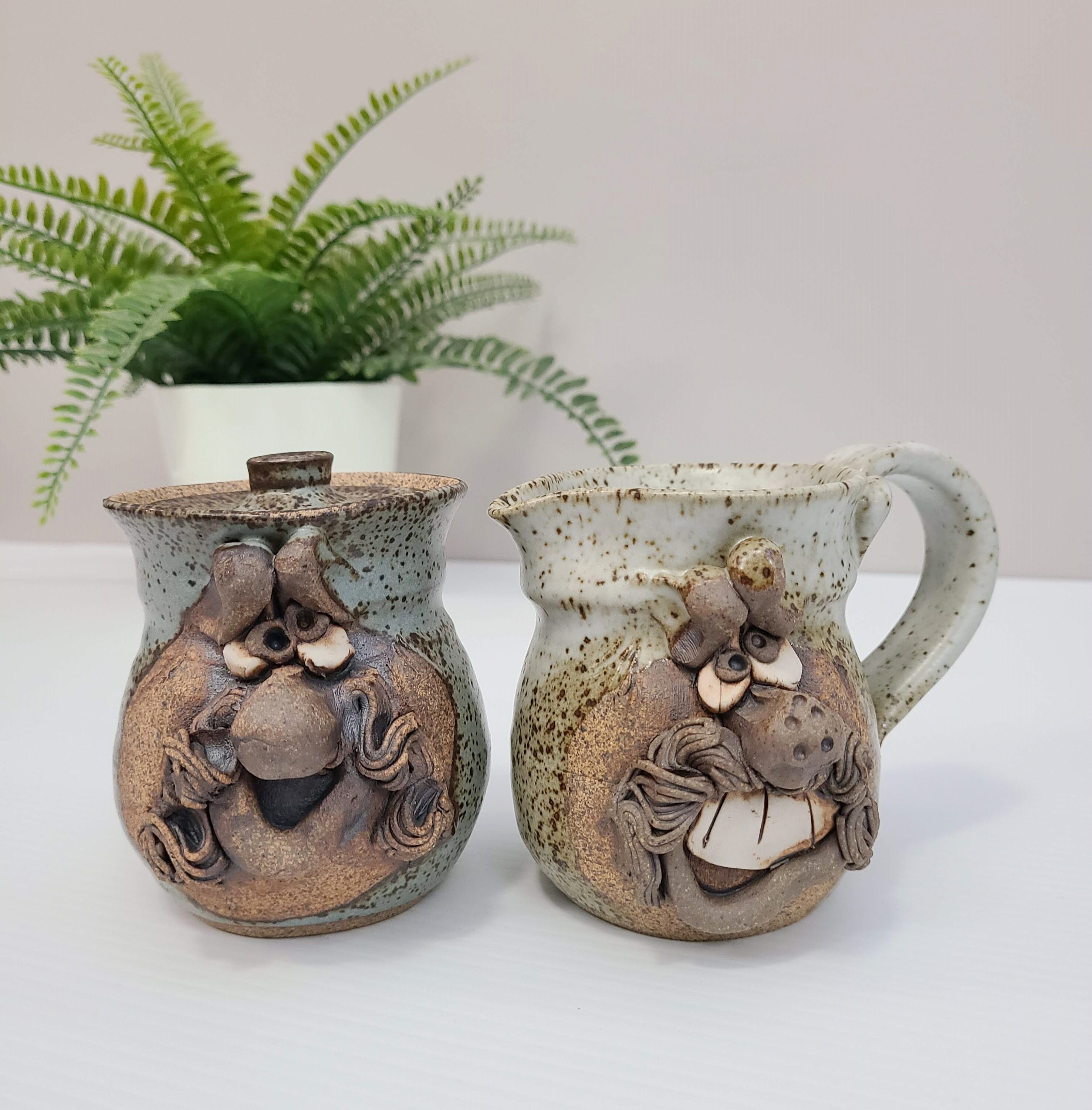 Ugly Face Pottery Creamer and Lidded Sugar, Grey, Blue with Brown ...