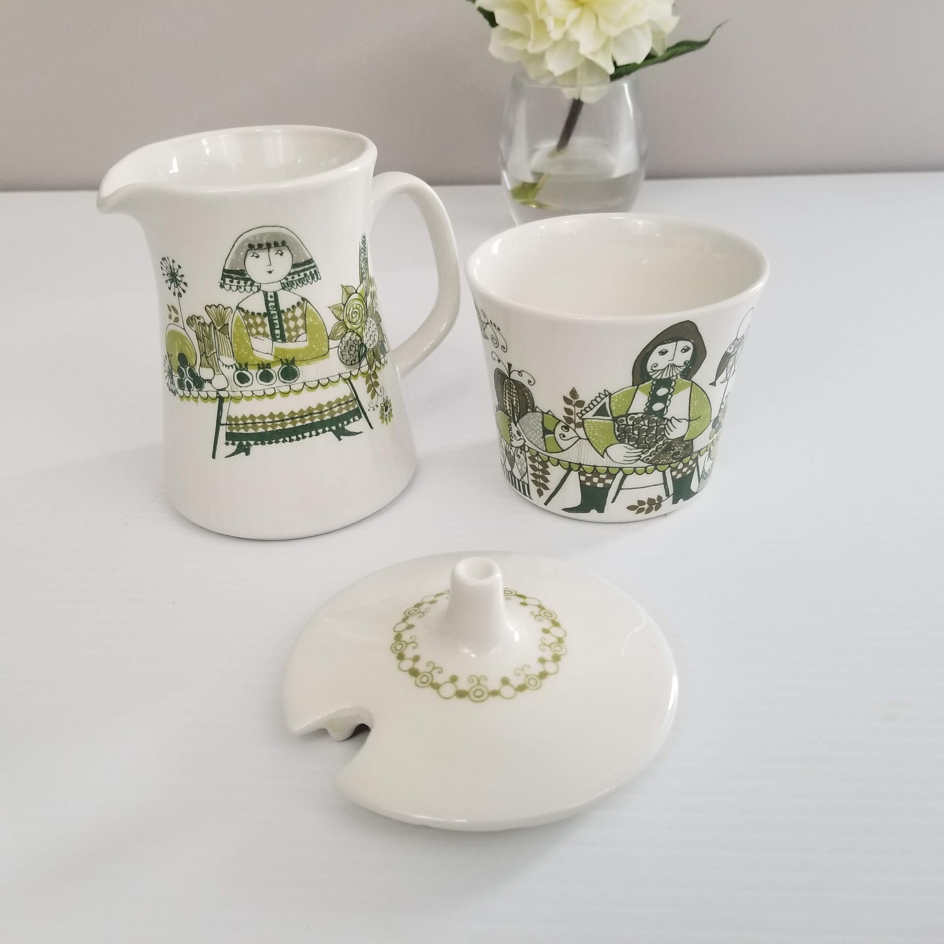 Figgjo Norway “Market” Design, Cream and Lidded Sugar, Green Market ...