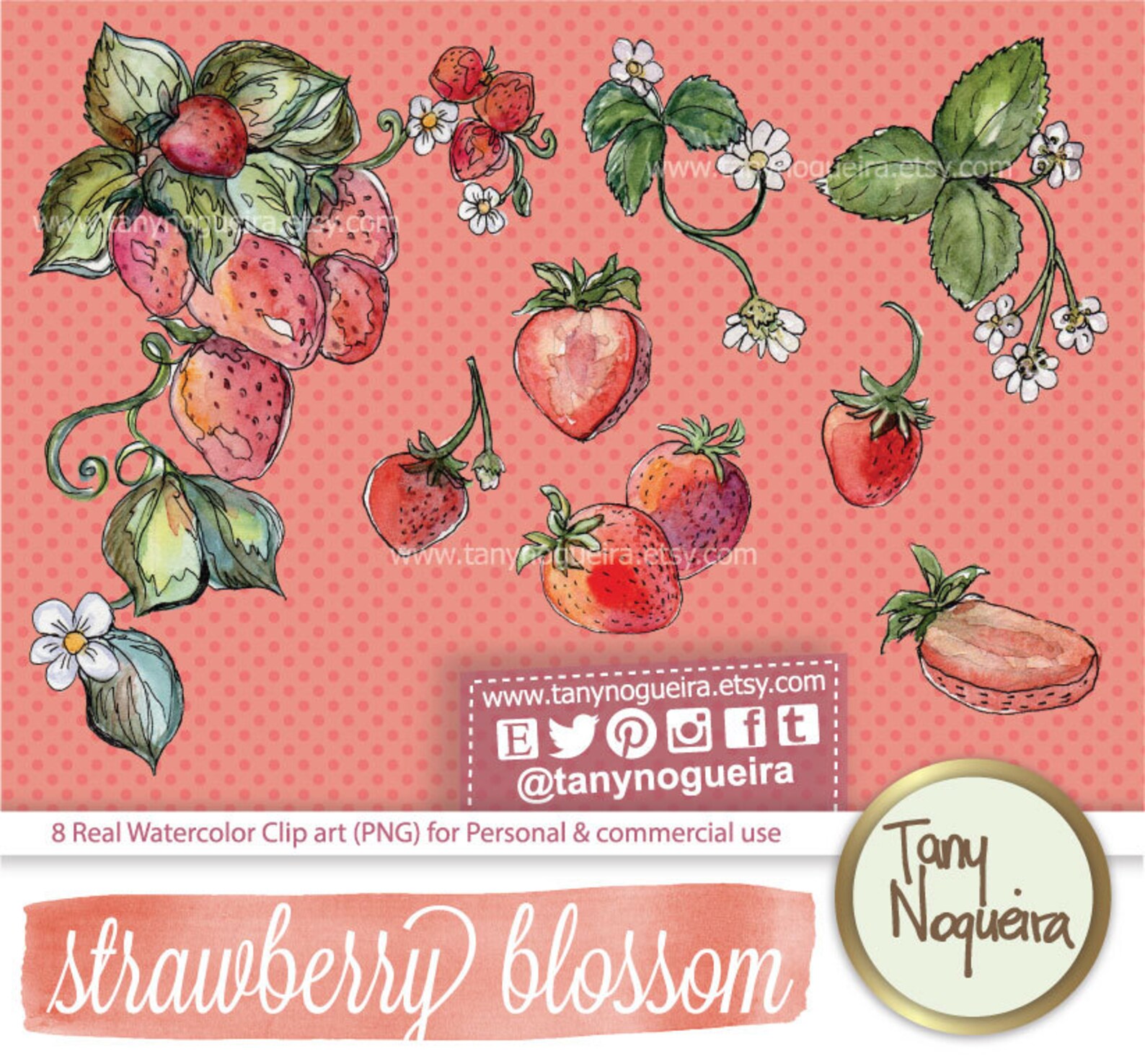 Strawberry Blossom Clip Art Images Watercolor Hand Painted PNG ...