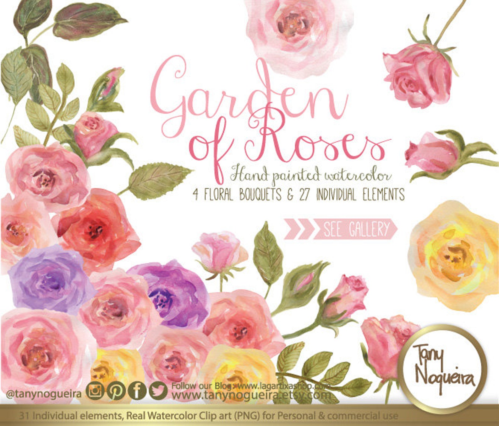 Shabby Chic Watercolor Roses, Red, Yellow, Pink, Peach, Vintage Flowers ...