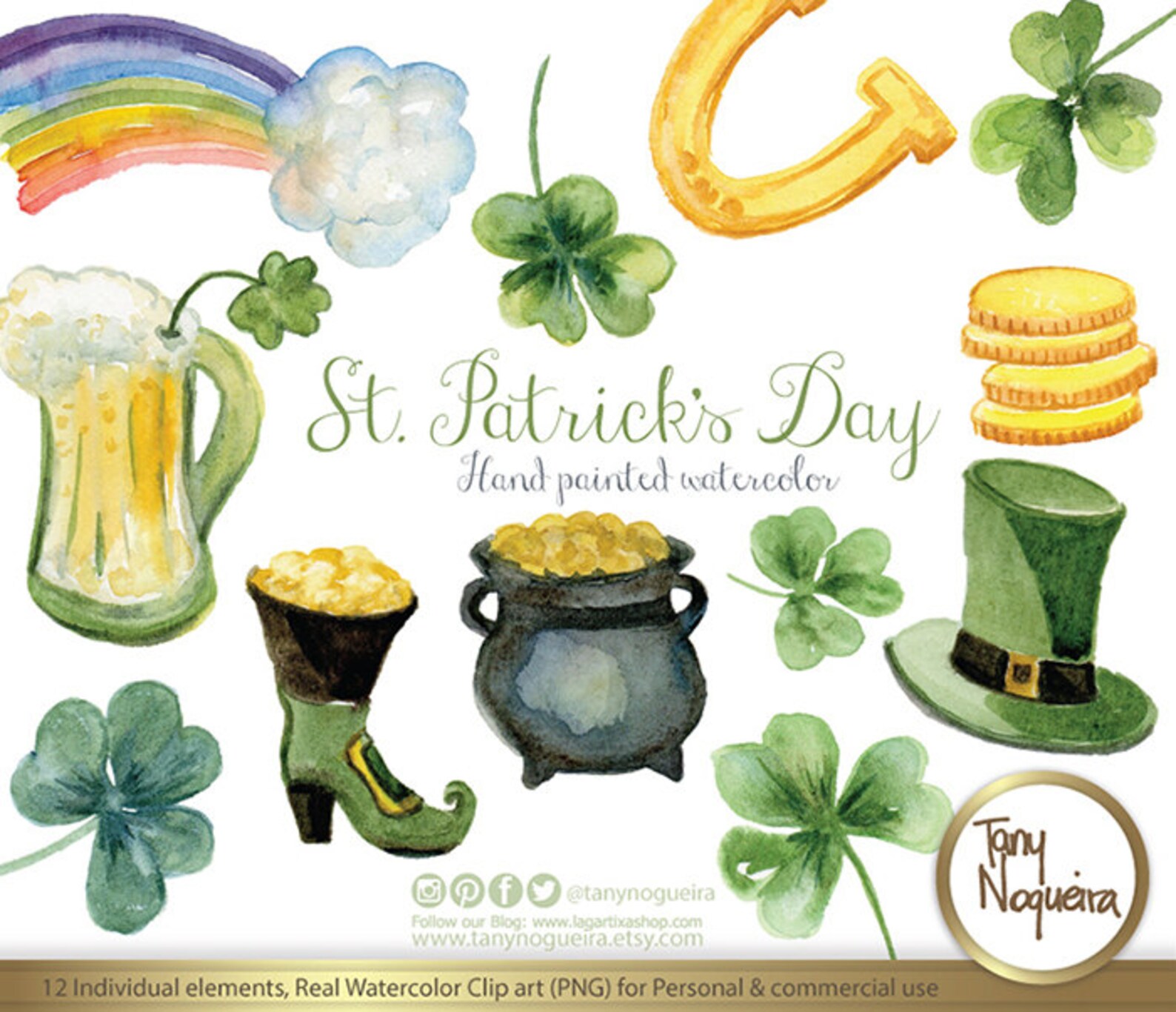 St. Patrick's Day Watercolor Clipart Shamrocks Rainbow Pot of Gold ...