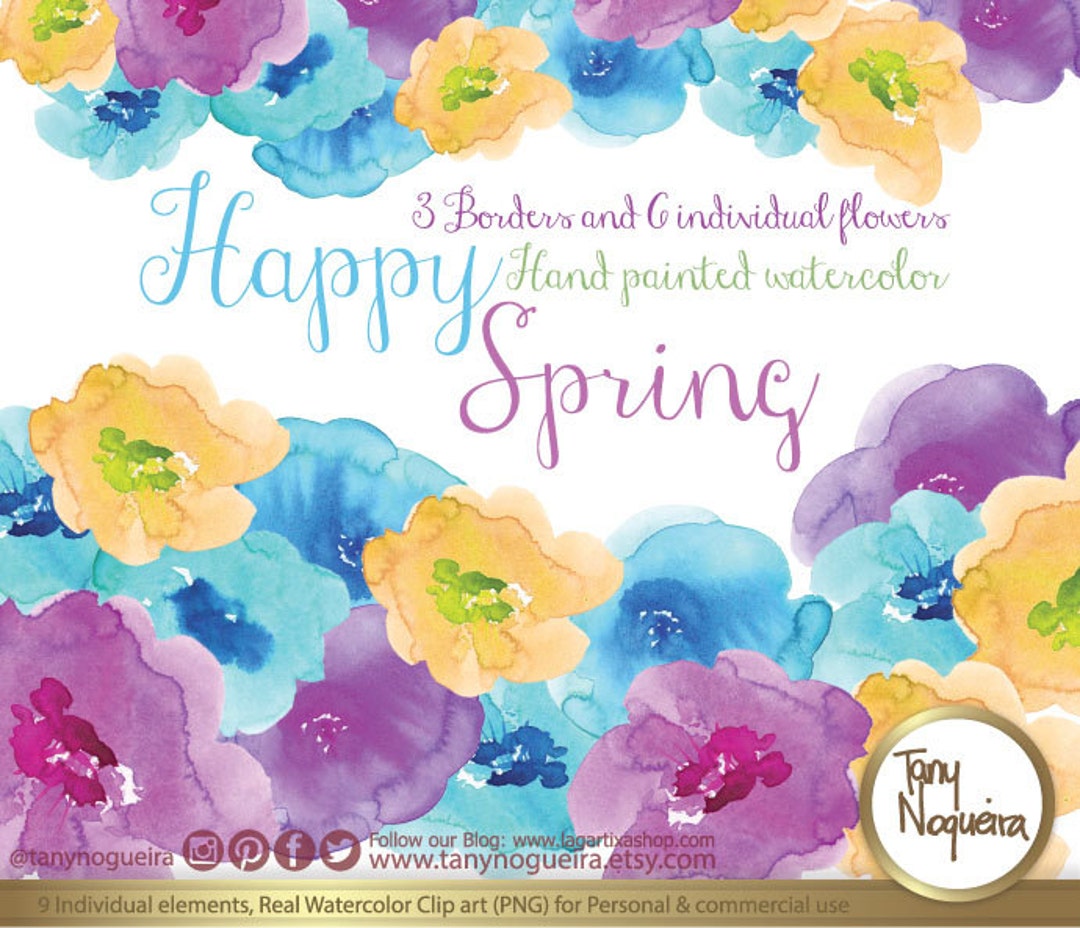 Happy Spring Aqua Yellow and Magenta Floral Watercolor - Etsy