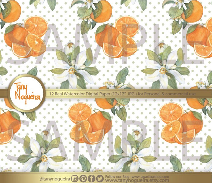 Orange Branches Flowers Blossom Digital Paper Watercolor Hand - Etsy