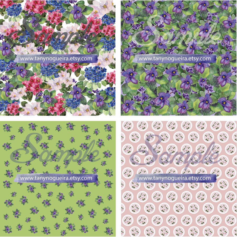 African Violets Digital Paper Images Watercolor Hand Painted Purple ...