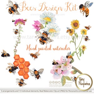 Bees and Flowers Watercolor Colored Clip Art Images Watercolor - Etsy