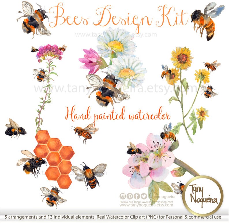 Bees and Flowers Watercolor Colored Clip Art Images Watercolor Hand ...