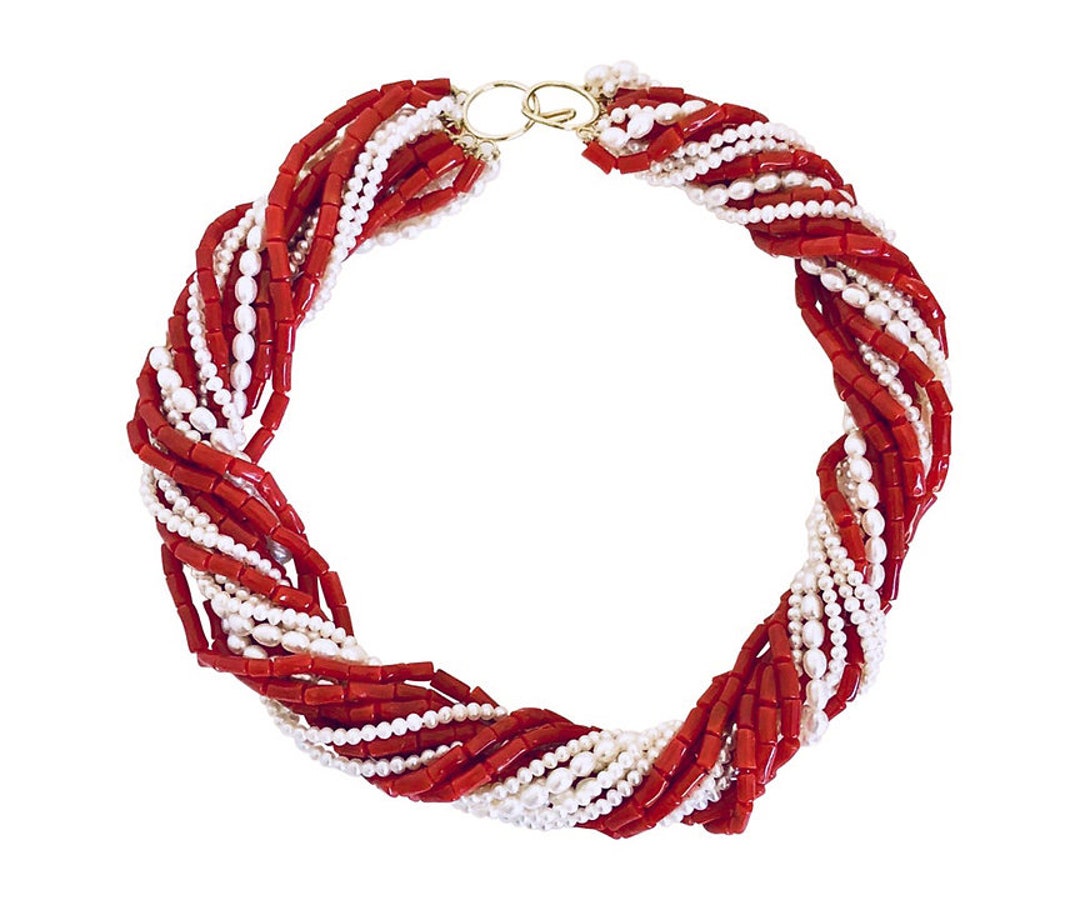 Natural Italian Red Coral and Pearls 8-strand Torsade Necklace 18k Gold ...