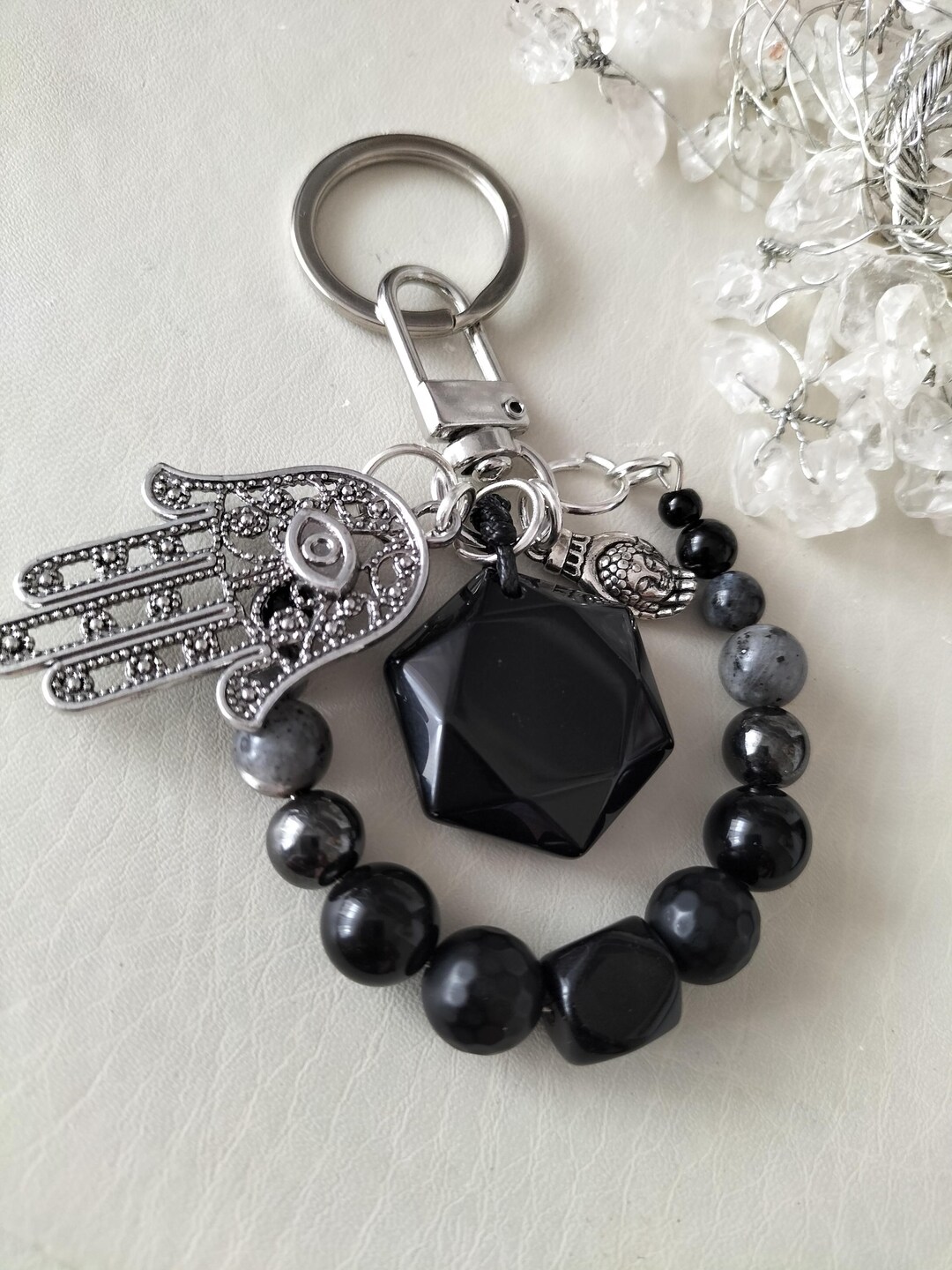 Protection Crystal Keychain, Obsidian, Hematite, Larvikite, Onyx, Hamsa ...