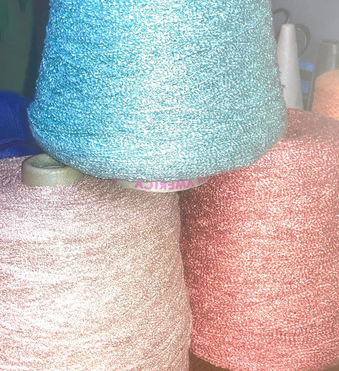 RAYON Textured Yarn Used Cones-ricrac-suede. Pale Aqua-pink-rose. Knit ...