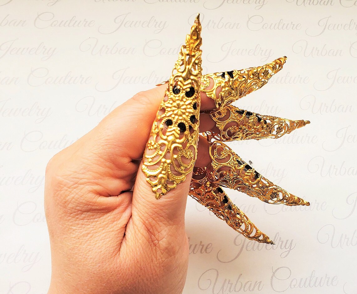 5 Gold Claw Rings Goth Ring Armor Long Gold Stiletto Nails | Etsy