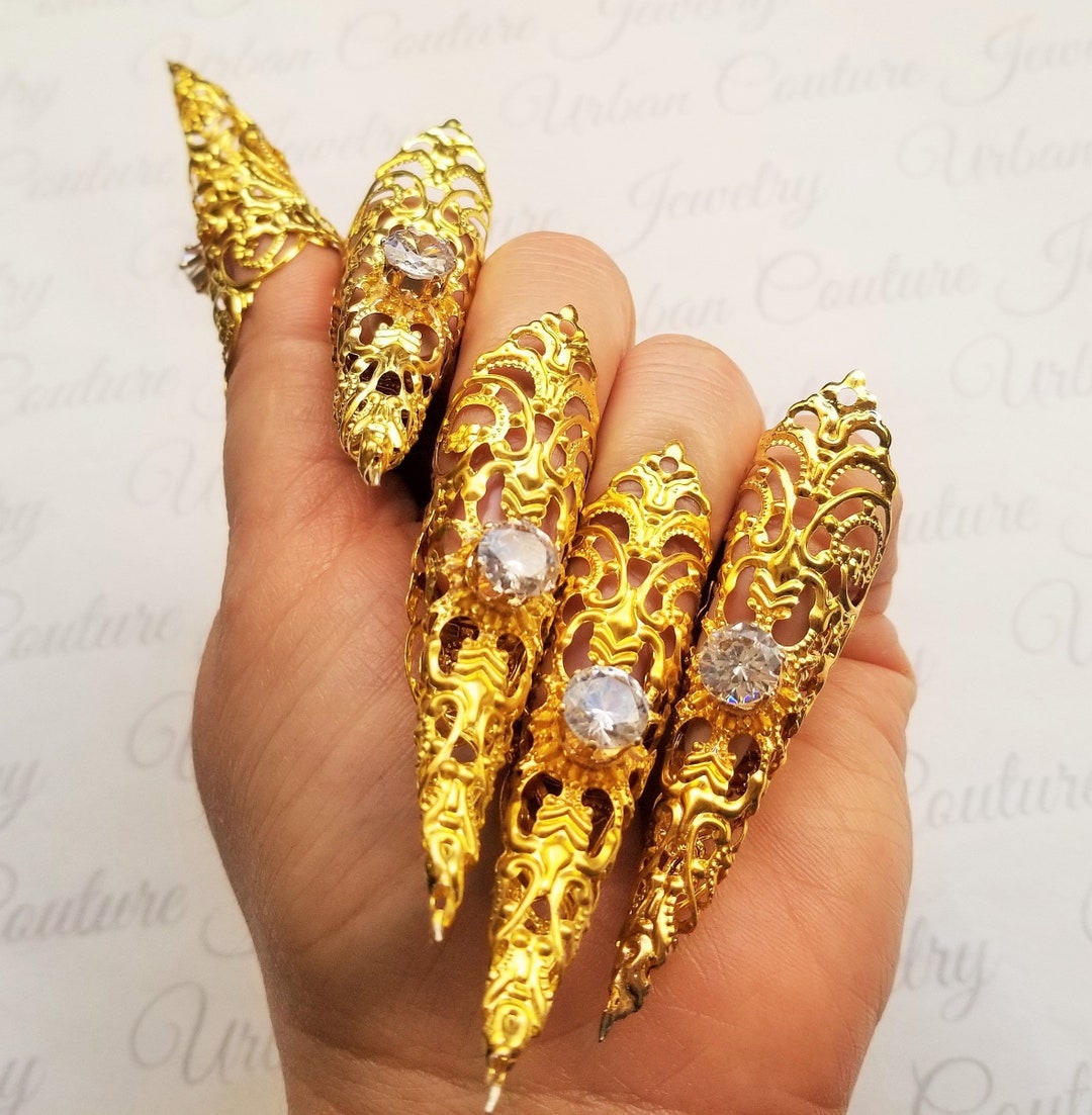 5 Claw Rings, Goth Ring Armor, Long Sharp Gold Nails, Golden Claws ...