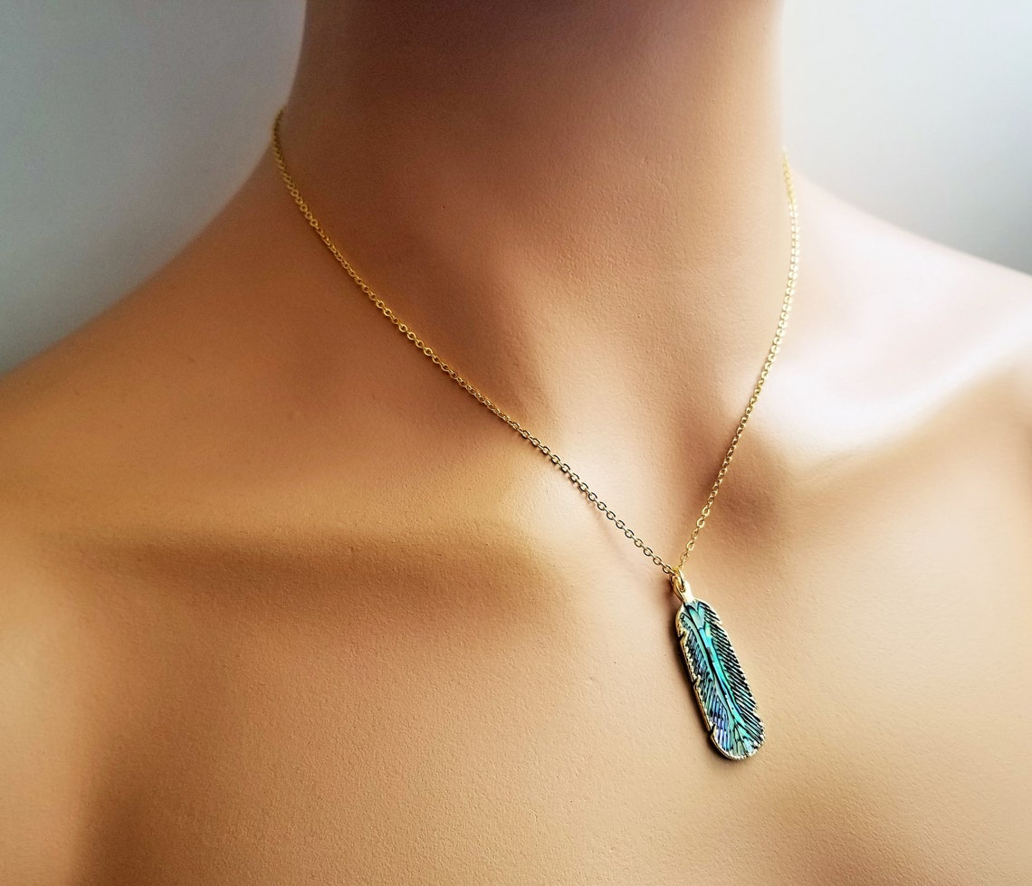 Blue Green Abalone Shell Necklace Abalone Feather Necklace - Etsy