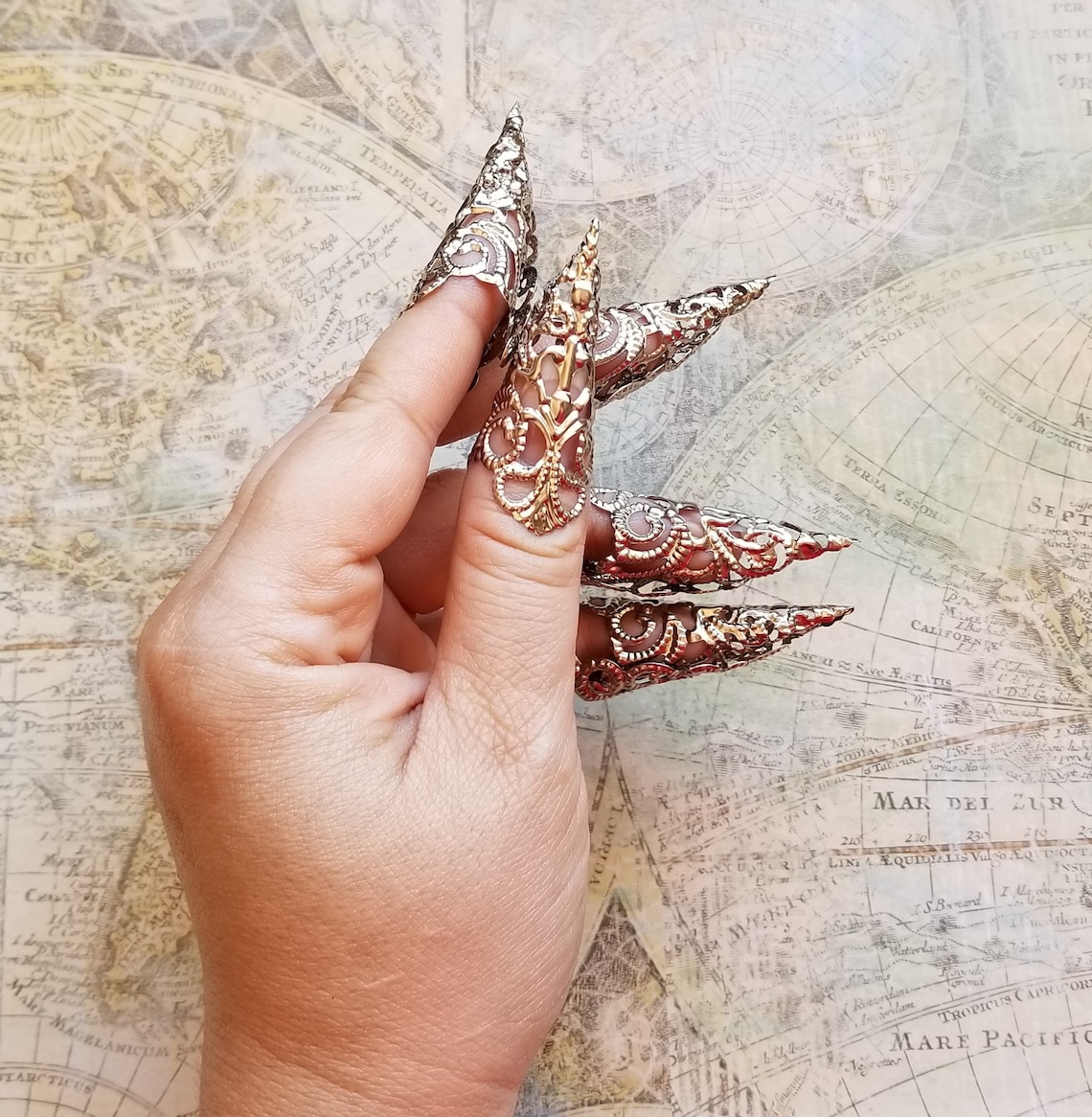 10 Silver Stiletto Nails Gothic Ring Armor Goth Steampunk | Etsy