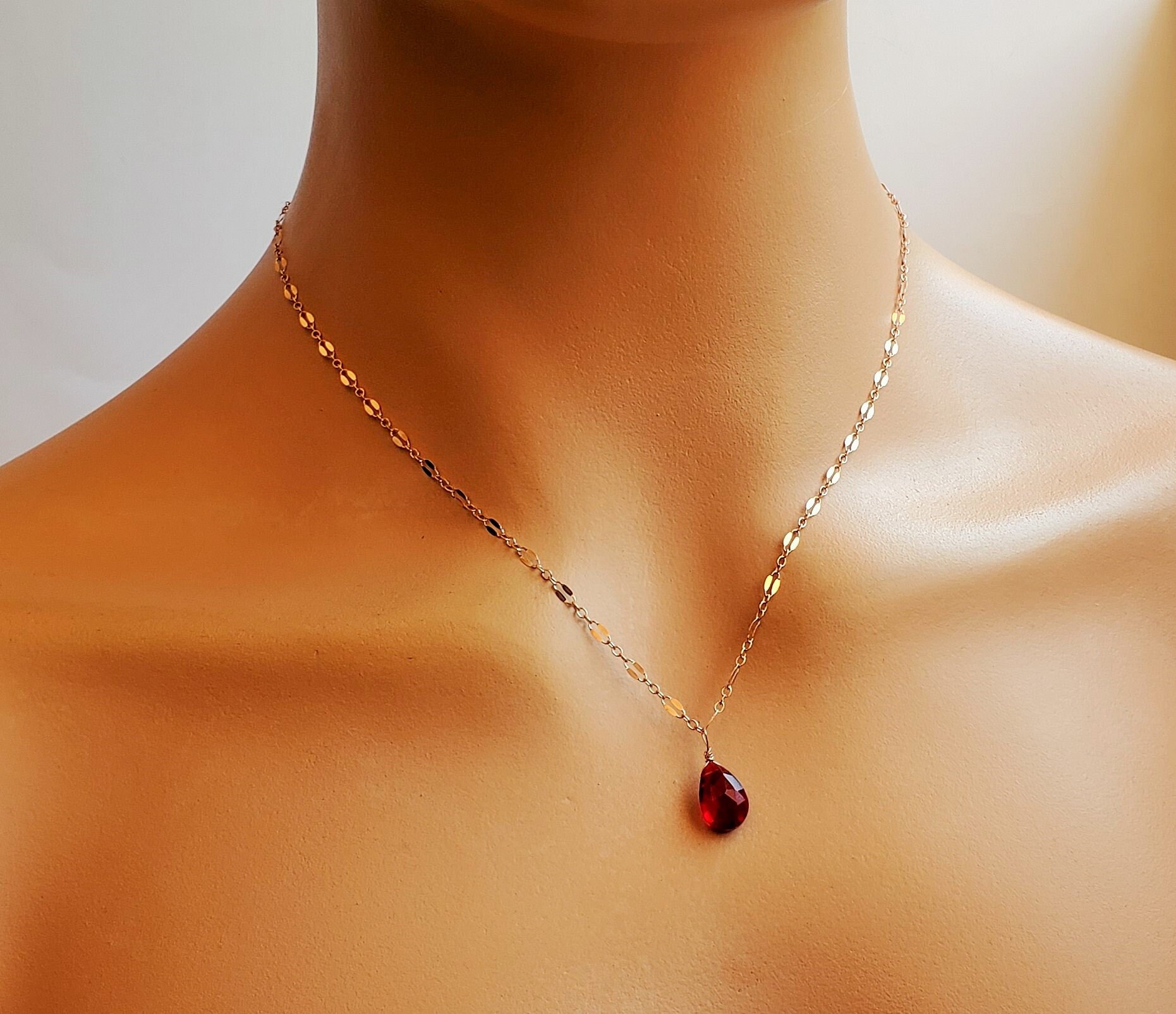 Ruby Necklace Dainty Red Ruby Teardrop Necklace Ruby | Etsy