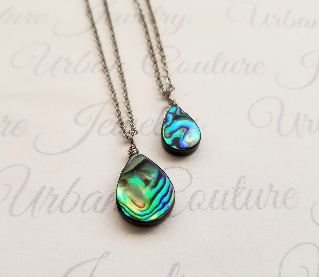 Abalone Shell Teardrop Pendant Necklace, Green Blue Paua Abalone Sea ...