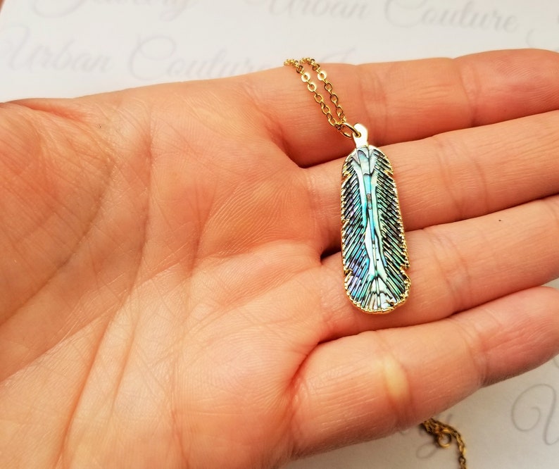 Blue Green Abalone Shell Necklace Abalone Feather Necklace - Etsy