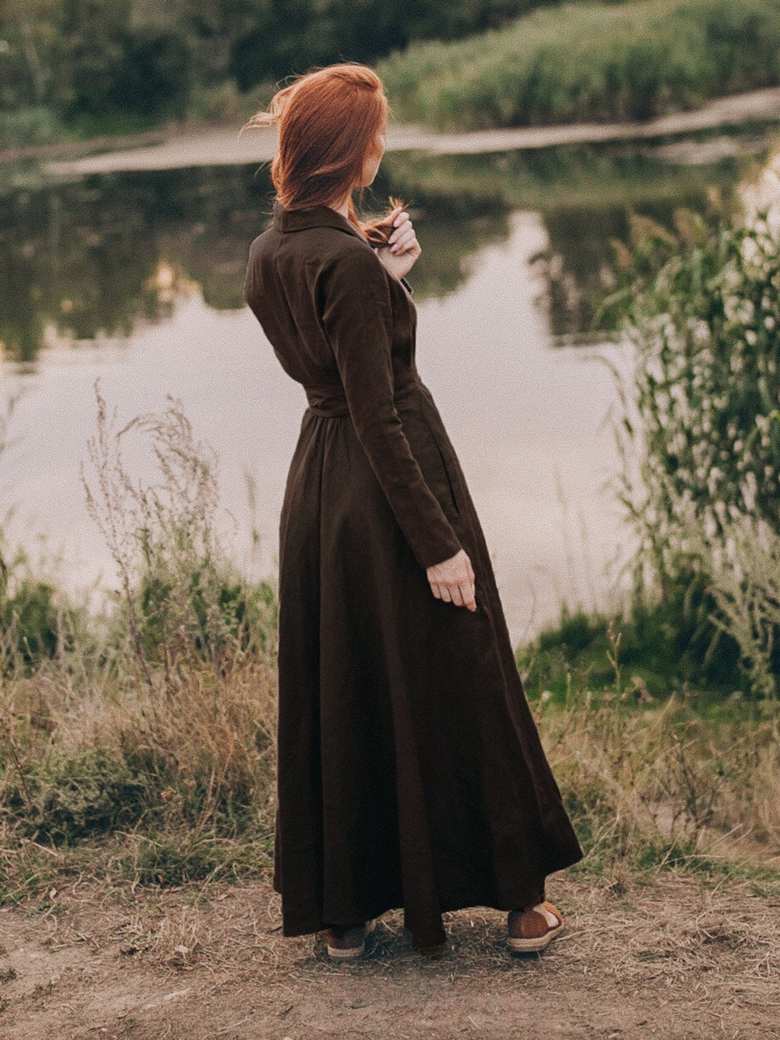 Chocolate Brown Linen Dress Heavy Linen Maxi Dress Long Etsy