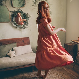 Rusty Orange Linen Dress, Summer Midi Dress, Short Sleeve Dress, Tiered ...