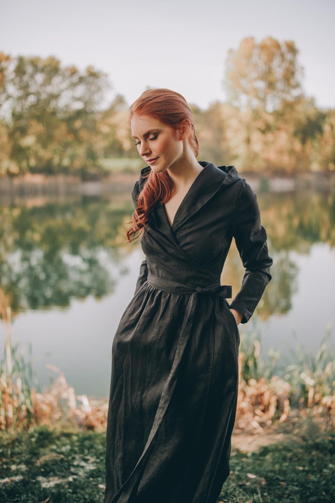 Linen Wrap Dress, Hooded Maxi Dress, Black Linen Maxi Dress, Fall Linen ...