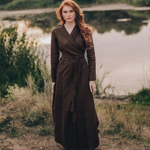 Chocolate Brown Linen Dress, Heavy Linen Maxi Dress, Long Sleeve Linen ...
