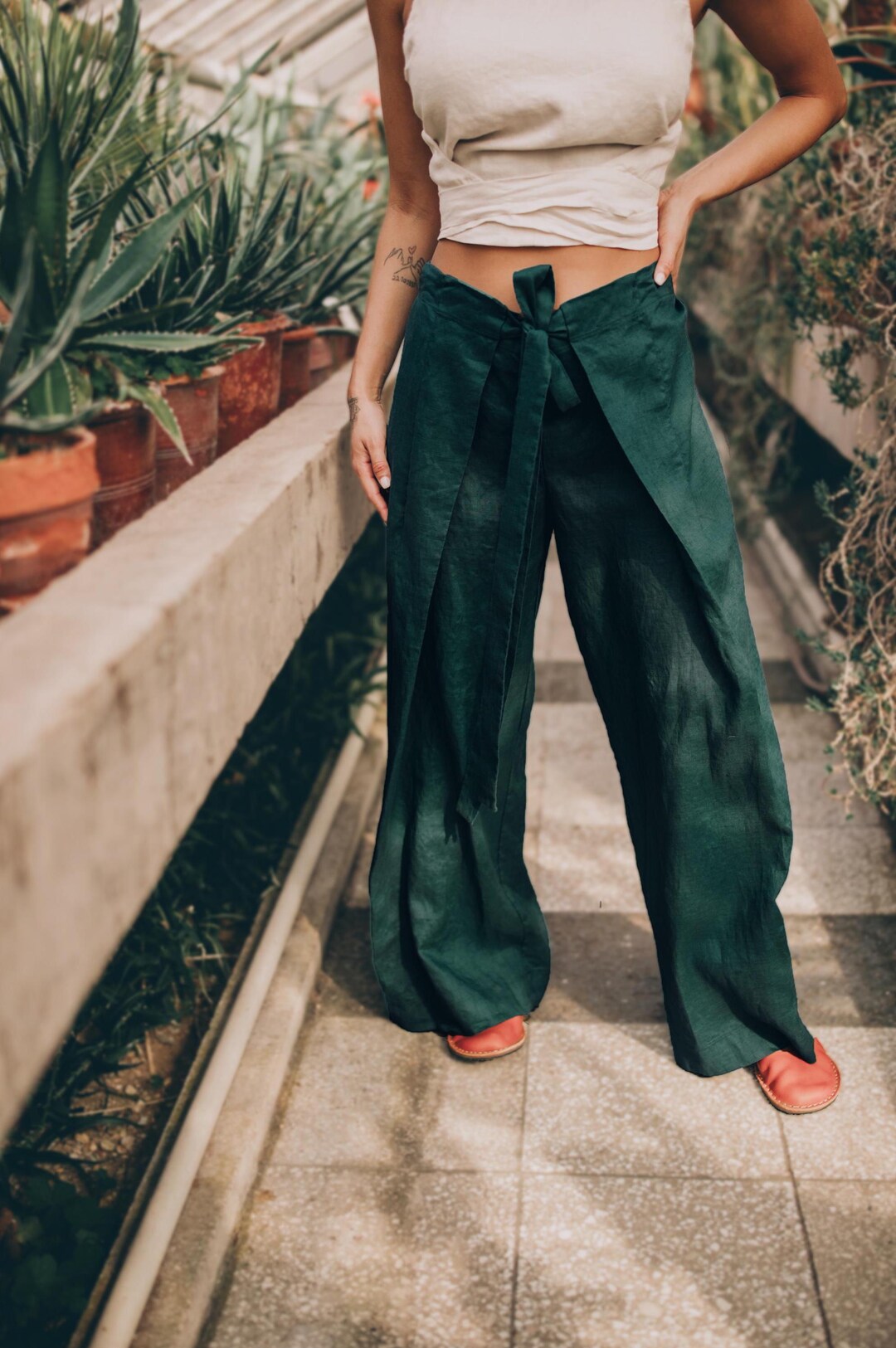 Linen Wrap Pants in Deep Green, Summer Linen Pants for Women ...