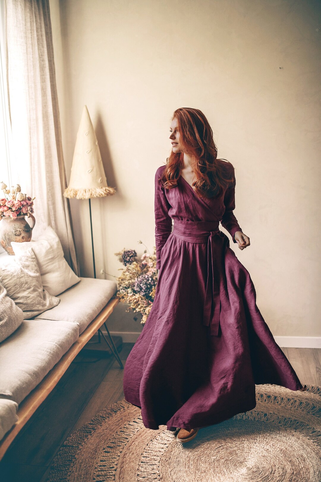 Plum Purple Linen Dress With Obi Belt and Pockets, Heavyweight Linen ...