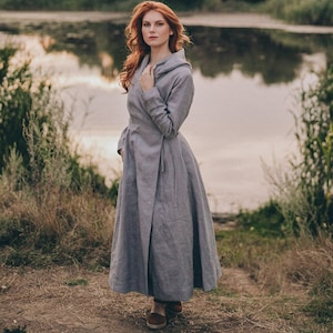 Heavy Linen Coat, Hooded Coat With Pockets, Linen Wrap Coat, Princess ...