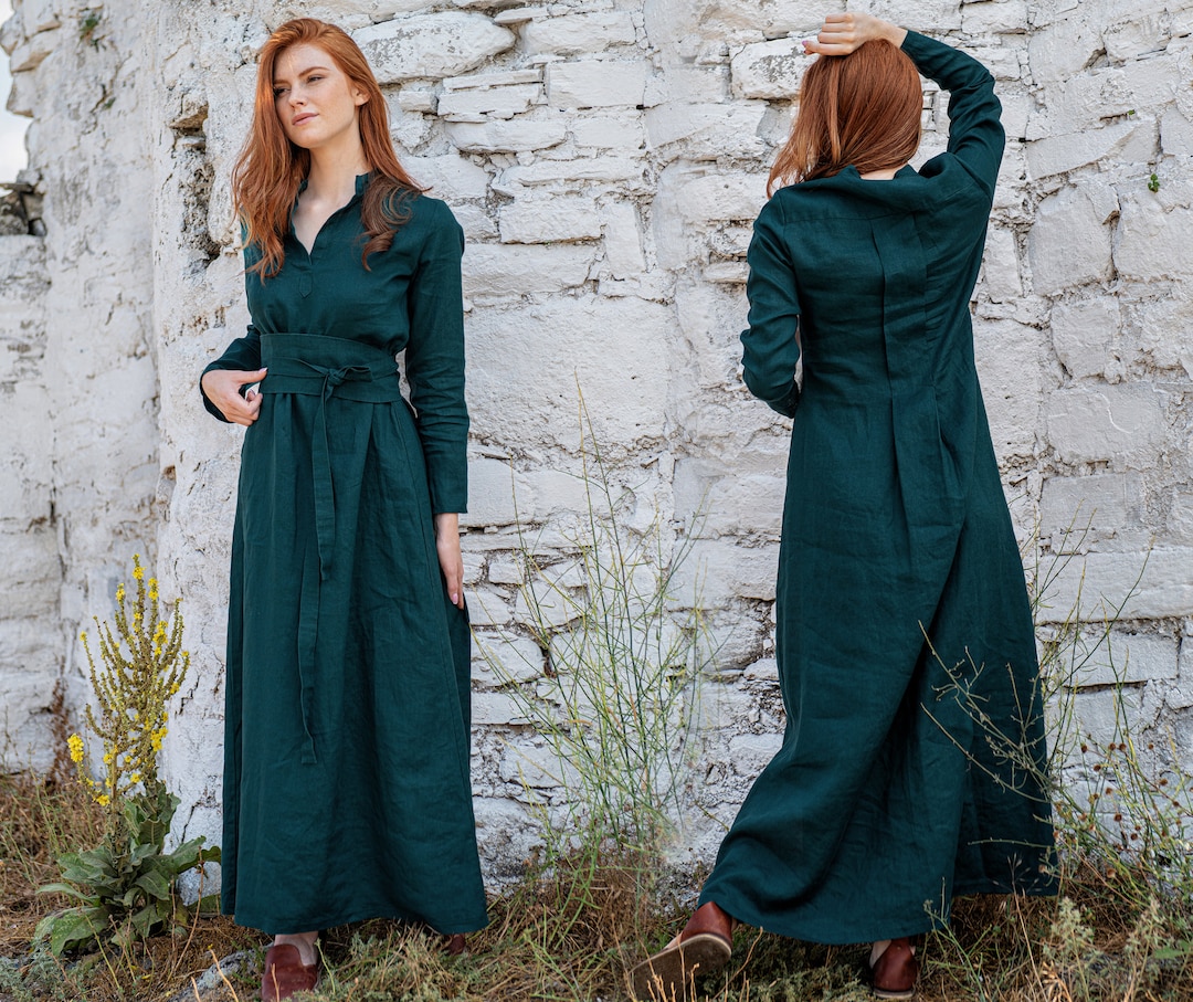 Modest Linen Dress, Linen Maxi Dress, Long Sleeve Linen Dress, Emerald ...