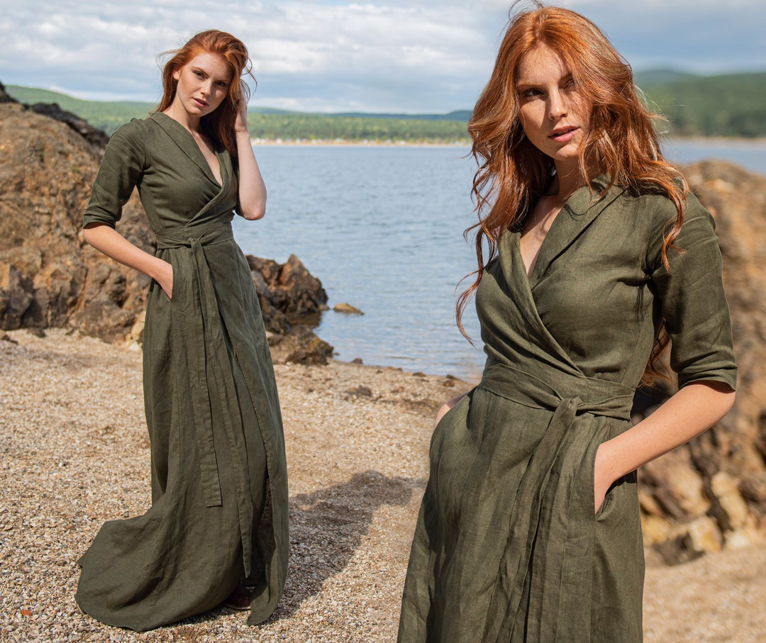 Long Wrap Linen Dress Washed Linen Dress Plus Size Dress for - Etsy
